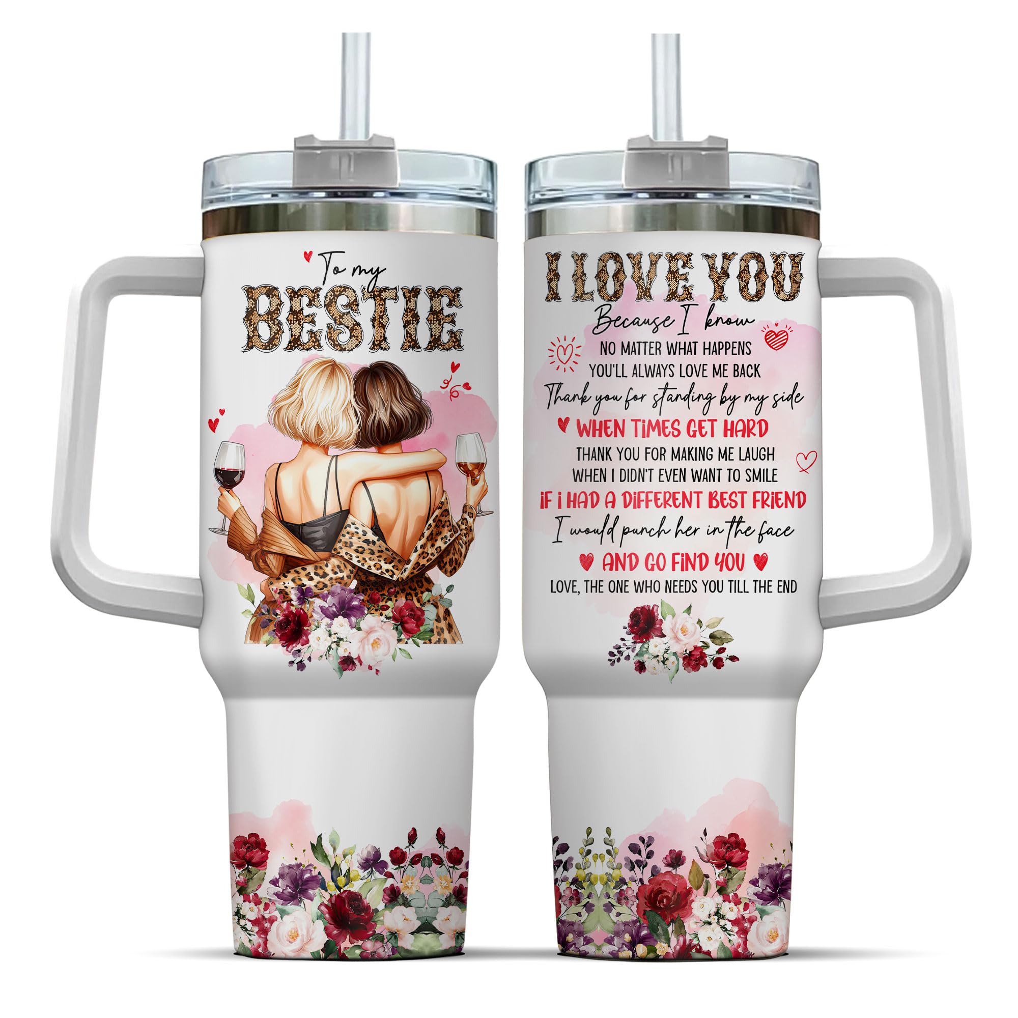 99OWL Tumbler 40 Oz With Handle Lid And Straw, My Bestie Watercolor Floral, Boss Tumblers Funny Cups Women Leopard Friends Stainless For Print Steel Coffee Flower