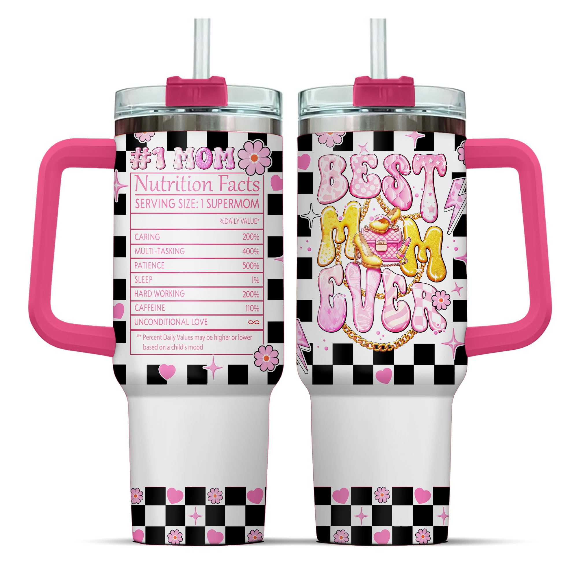 99WHALE Best Mom Ever Gifts, Mom Fashion Checked Nutrition Facts, Tumbler 40 Oz With Handle Lid And Straw, Steel Cups Green Parade Camelia Print Stainless Simple Red Rose Gold Water