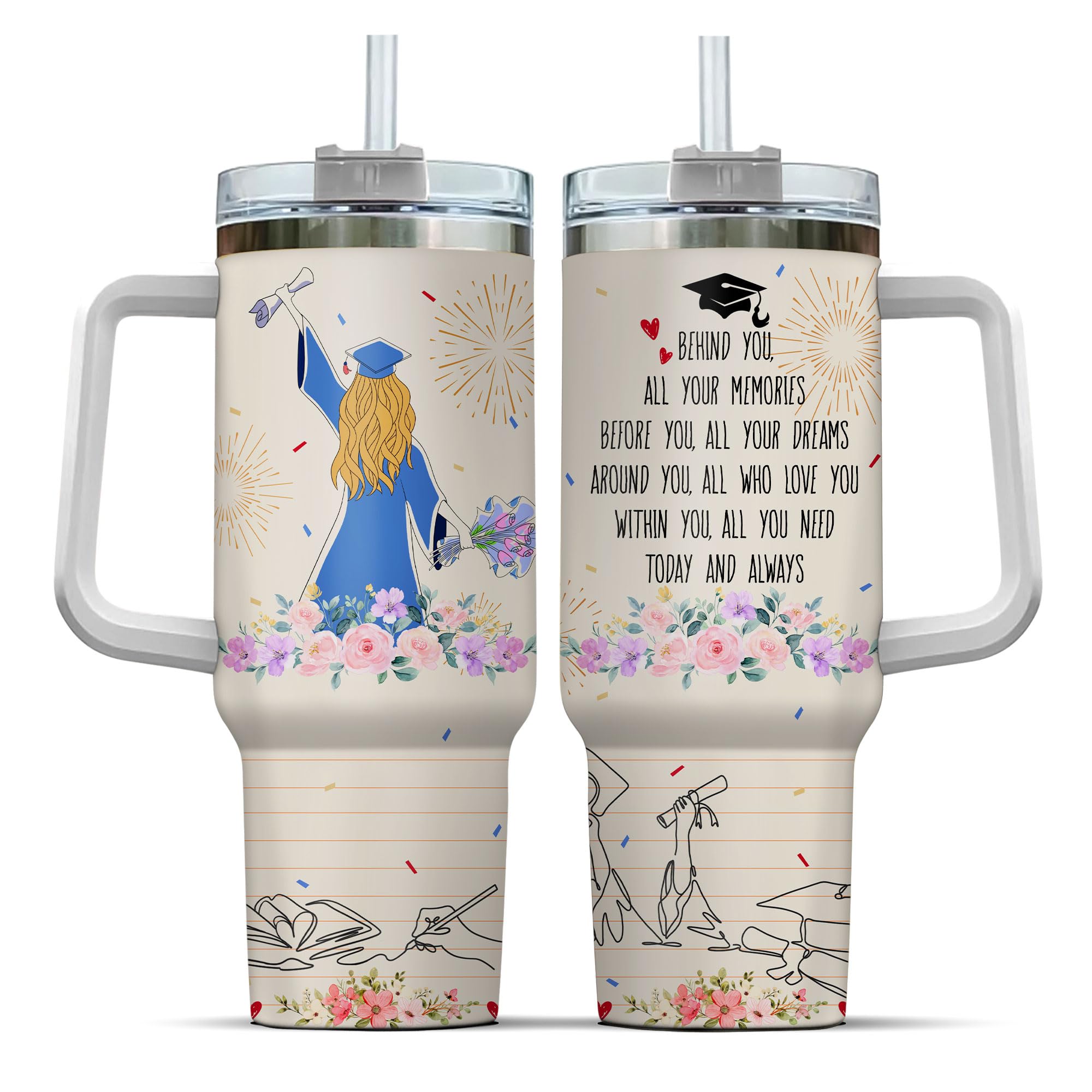 99OWL Graduation Gifts, Tumbler 40 Oz With Handle Lid And Straw, Congrats Graduation Memorial, Gold Royal Of Senior Handle Floral Heart Class Light Teal Flower Tumblers Rose Navy