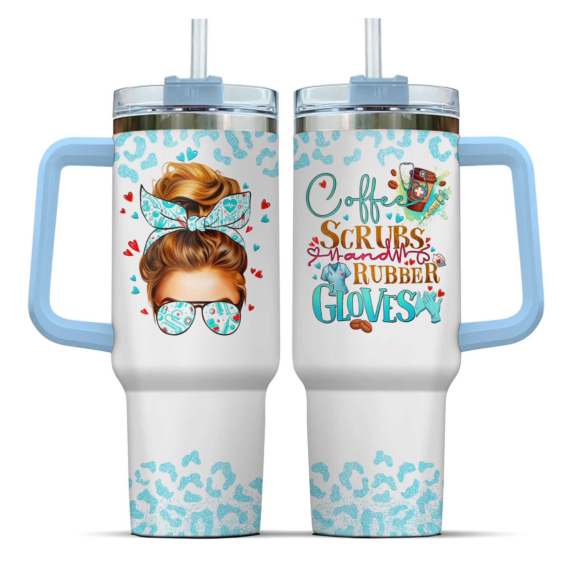99OWL Nurse Coffee Messy Bun, Tumbler 40 Oz With Handle Lid And Straw, Tumblers Nurses Women Cups Student For Funny White Navy Blue Leopard Travel Nursing Er School, Nurse Gifts