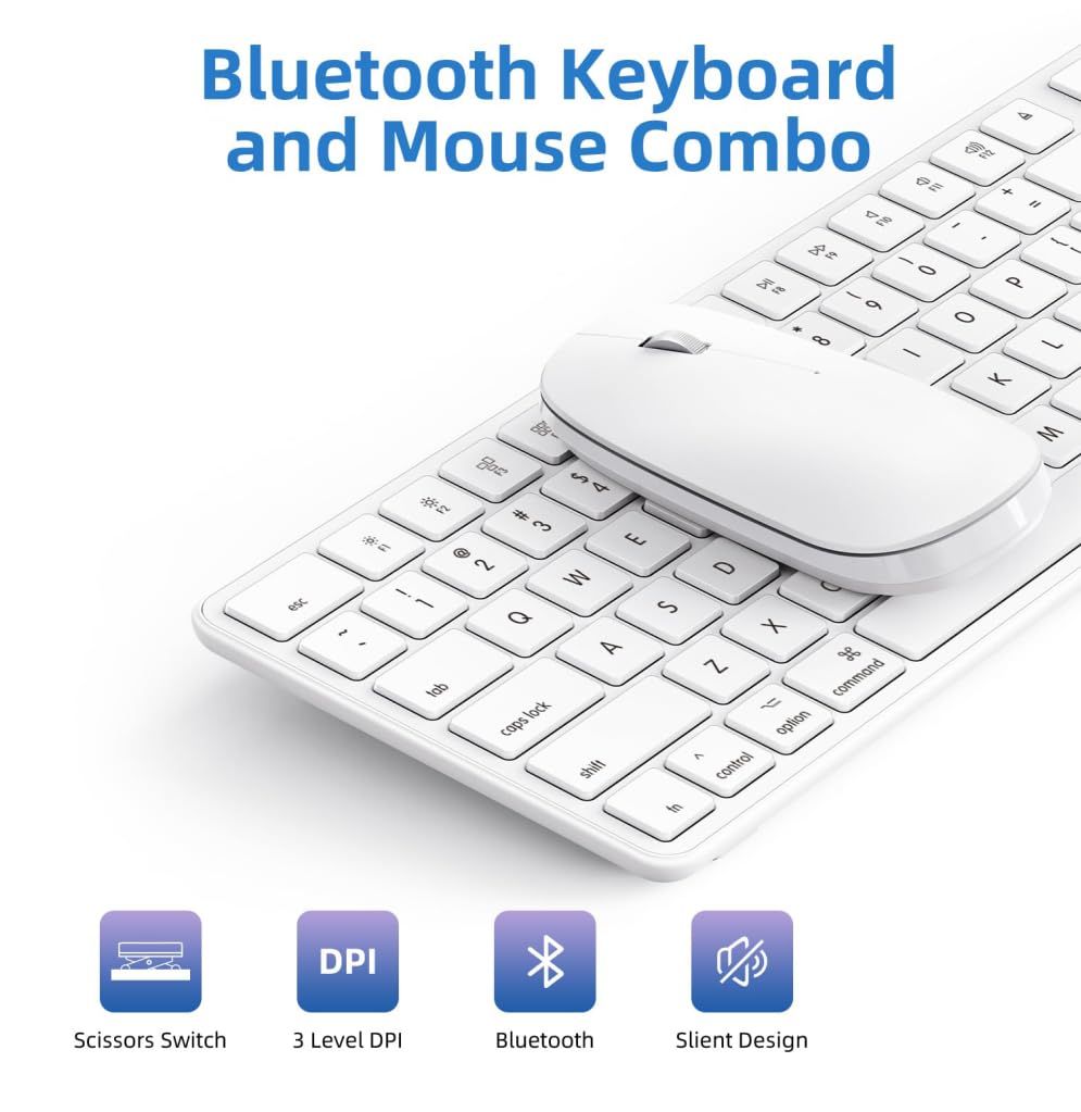 Bluetooth Keyboard and Mouse for Mac,OMOTON Wireless Multi-Device Keyboard with Numeric Keypad, Keyboard and Mouse Combo, for MacBook Pro/Air, iMac, iMac Pro, Mac Mini, Mac Pro (White)