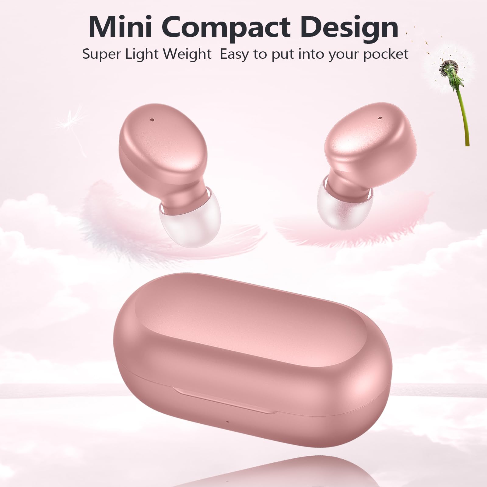 MOZOTER S8 Mini Wireless Earbuds Bluetooth 5.3 in Ear Light-Weight Headphones,60Hrs Playtime Ear Buds with Charging Case,Bluetooth Headsets,Premium Sound with Deep Bass for Sport-Pink