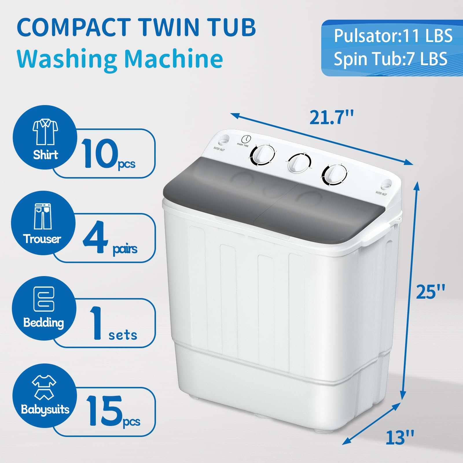Erivess Portable Twin Tub 18lbs Washing Machine with Drying Rack and 10 Hangers, 11lbs Washer Mini Compact Laundry Machine with 7lbs Spinner, Semi-automatic Washer Combo for Dorms, Apartment