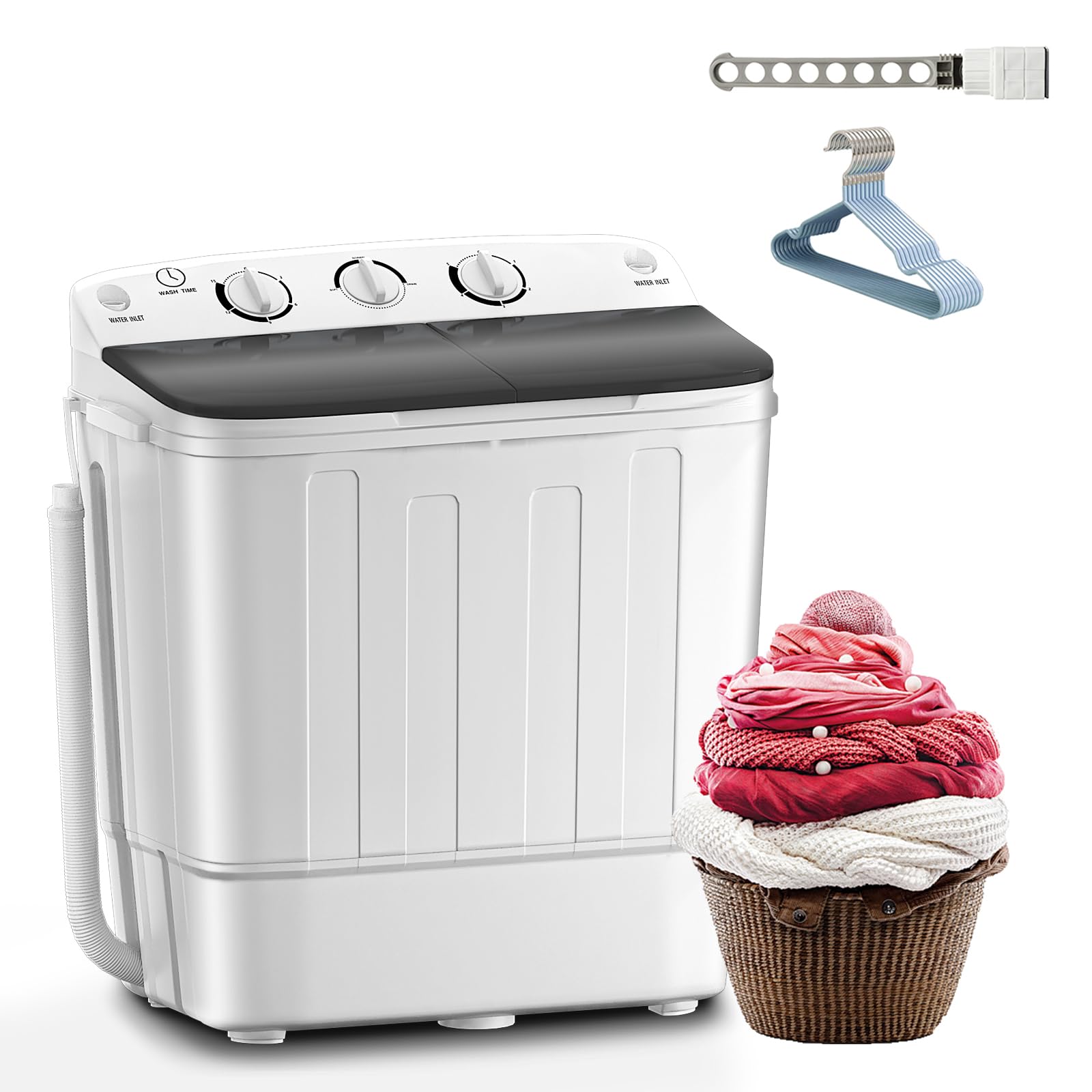 Erivess Portable Twin Tub 18lbs Washing Machine with Drying Rack and 10 Hangers, 11lbs Washer Mini Compact Laundry Machine with 7lbs Spinner, Semi-automatic Washer Combo for Dorms, Apartment
