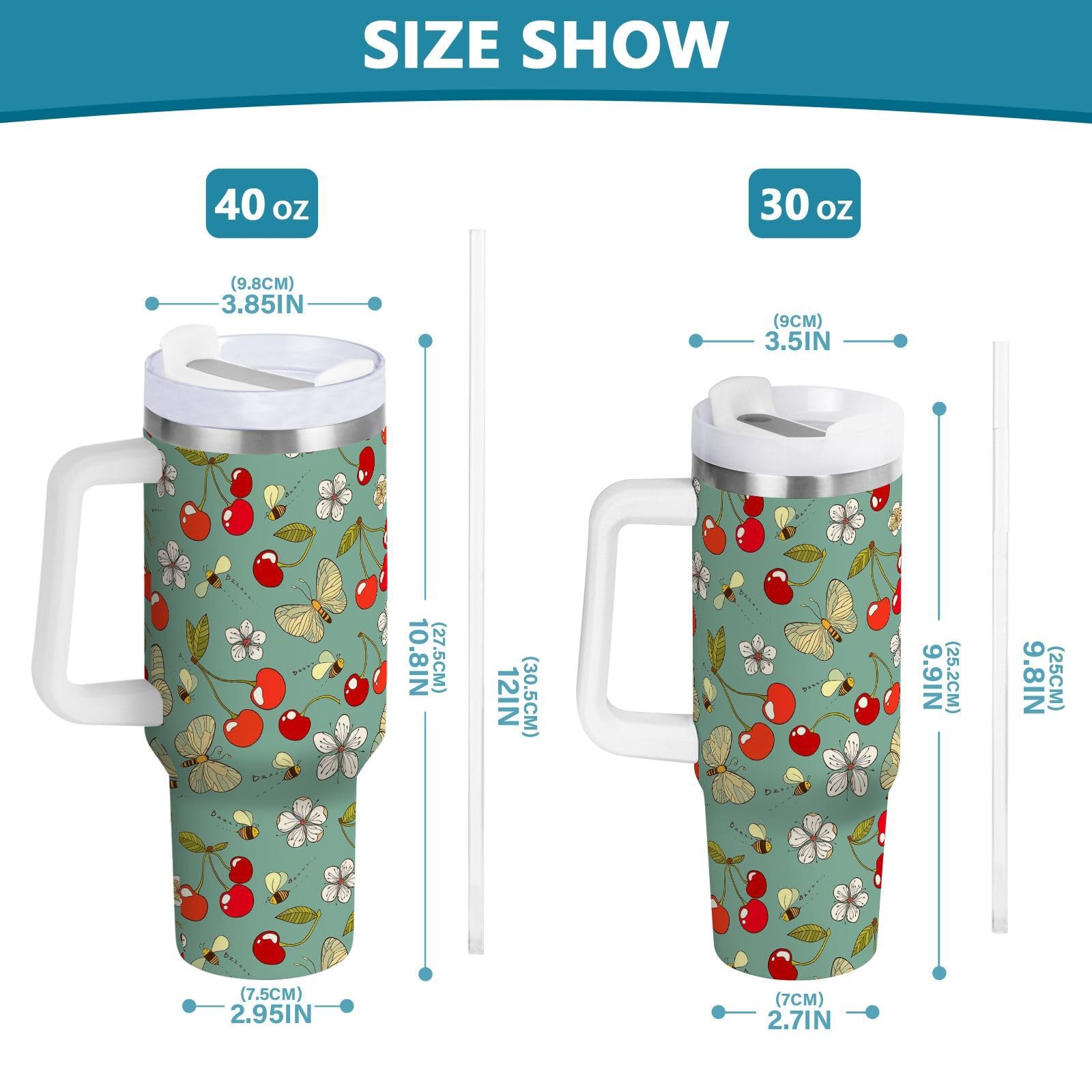 ZZXXB Bee Cherry Insulated Stainless Steel Water Bottle with Handle and Straw Lid Double Walled Travel Mug 40 oz