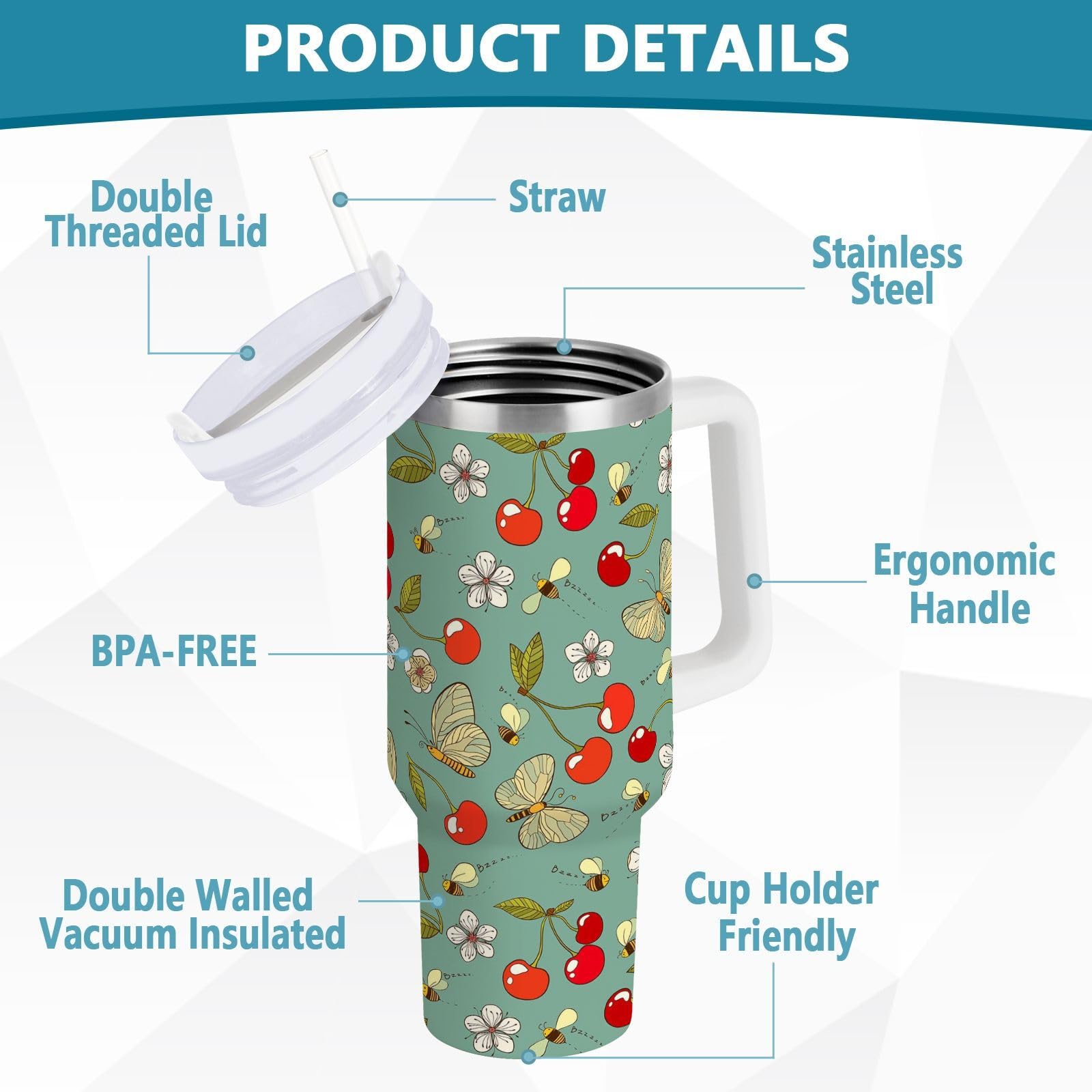 ZZXXB Bee Cherry Insulated Stainless Steel Water Bottle with Handle and Straw Lid Double Walled Travel Mug 40 oz