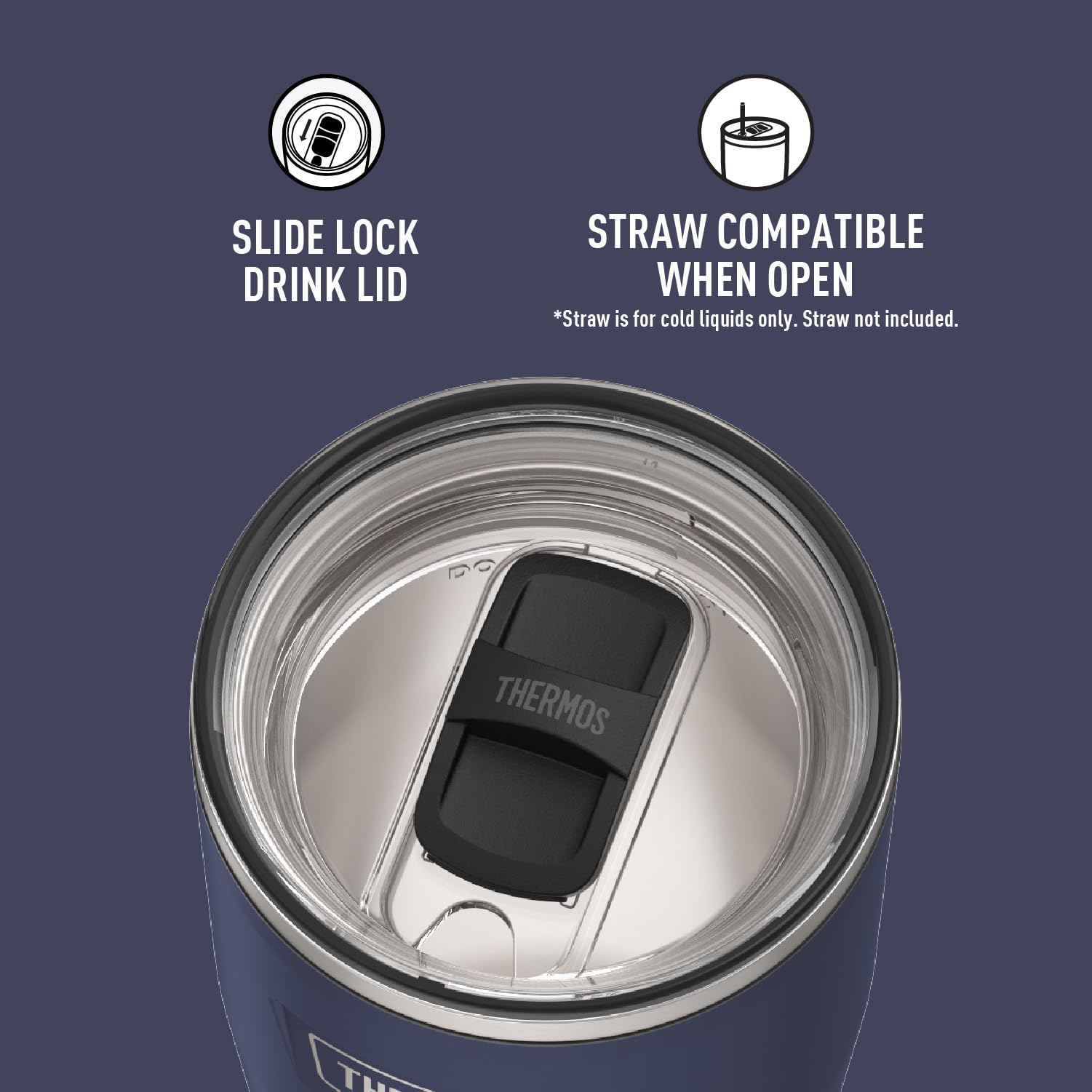 THERMOS ICON SERIES Stainless Steel Cold Tumbler with Slide Lock, 24 Ounce, Mystical Navy