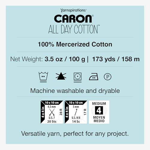 Caron All Day Cotton - 3 Pack of 173 Yards/3.52 oz Eyes Blue 100% Mercerized Cotton Yarn