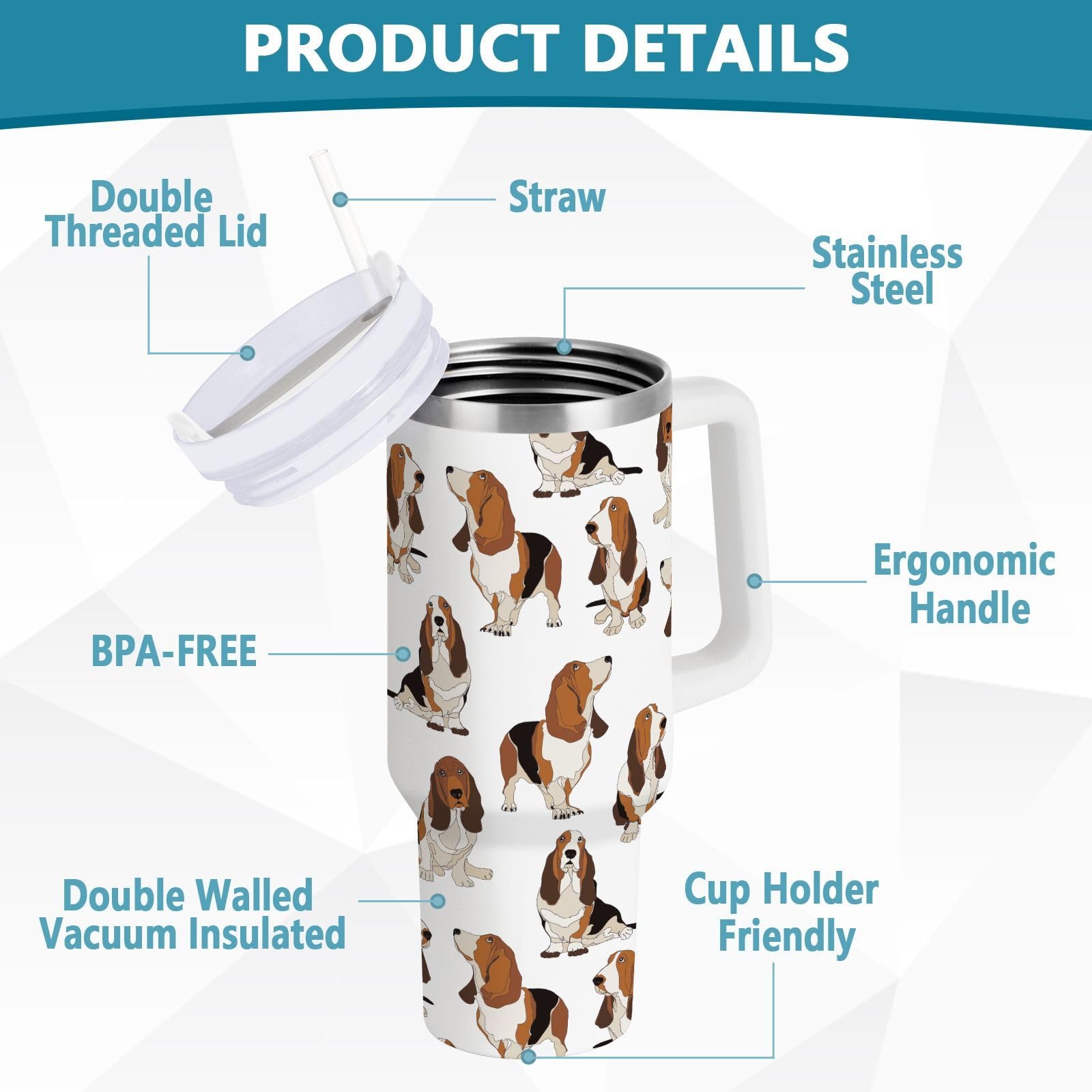 ZZXXB Basset Hound Dog Insulated Stainless Steel Water Bottle with Handle and Straw Lid Double Walled Travel Mug 40 oz