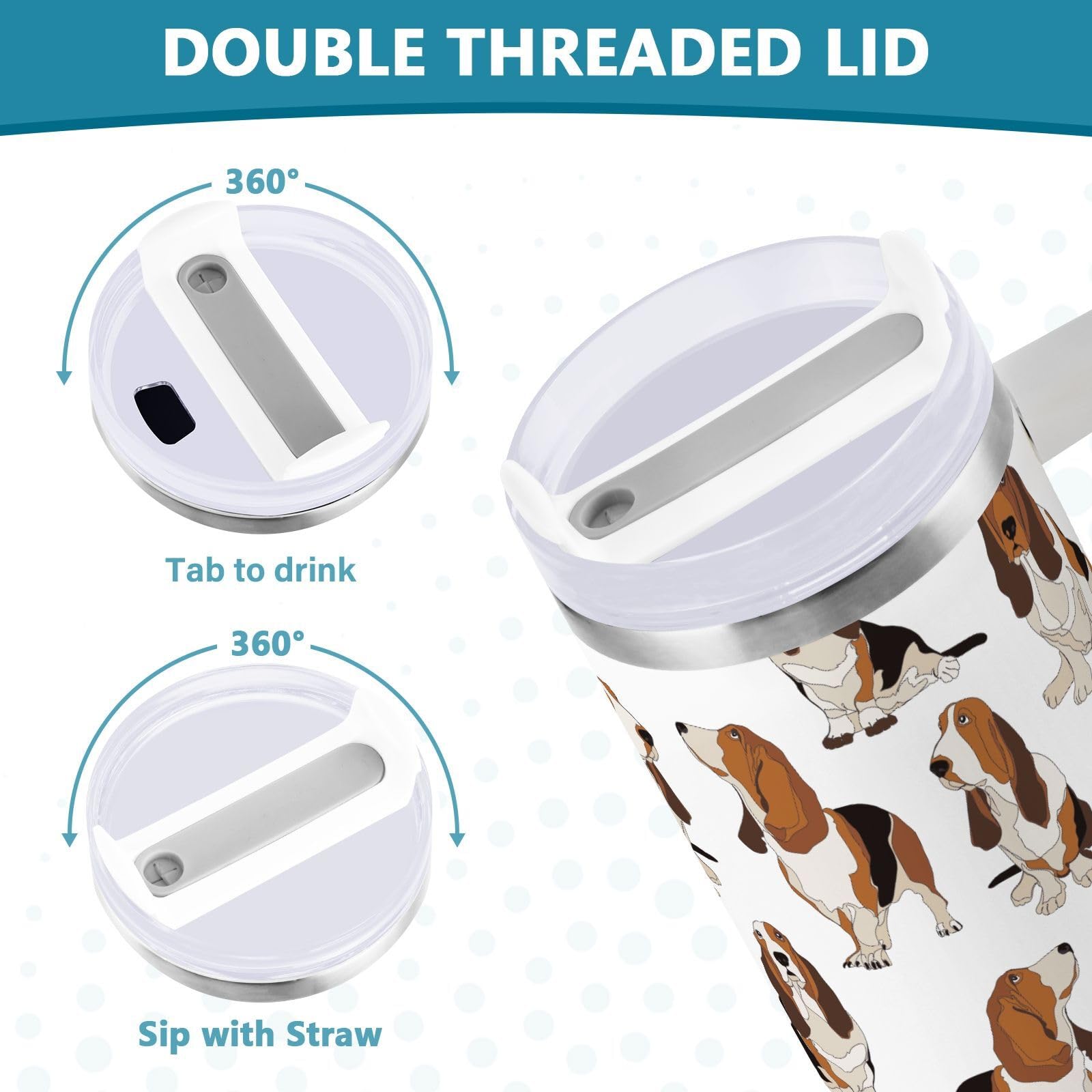 ZZXXB Basset Hound Dog Insulated Stainless Steel Water Bottle with Handle and Straw Lid Double Walled Travel Mug 40 oz