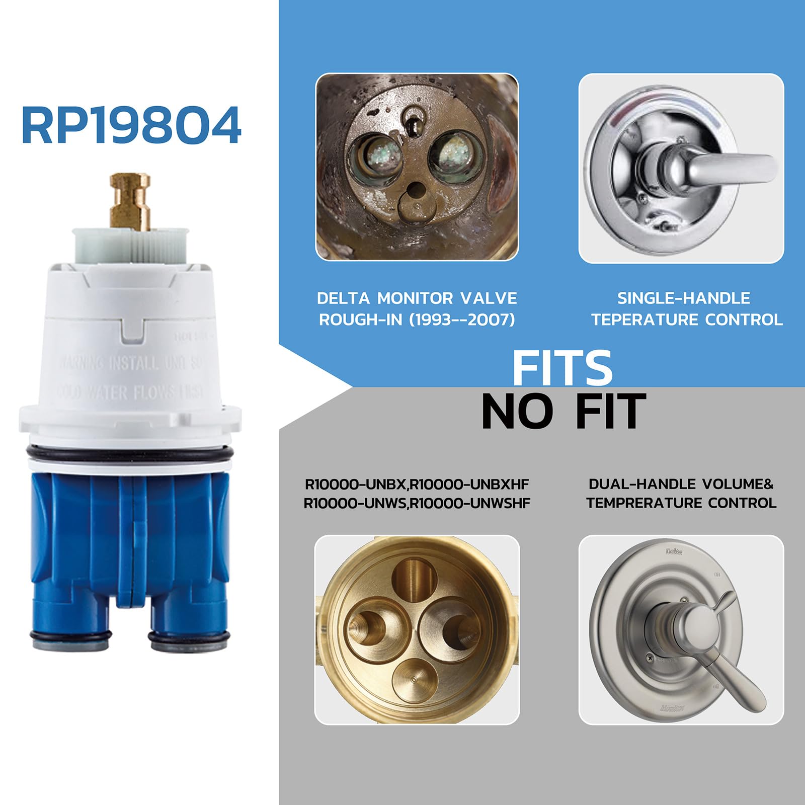 RP19804 Shower Cartridge Compatible with Delta 1300/1400 Series Single-Handle Shower Faucet, Suitable for Delta Select Monitor Valve body(1993-2007), Includes RP22734 Bonnet Nut