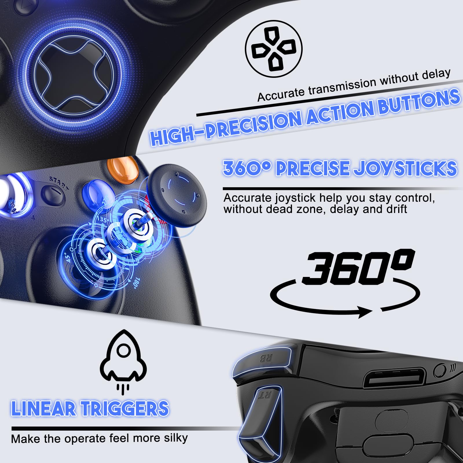Gamrombo 2 Pack Replacement for Xbox 360 Controller, Wireless Controllers Gamepad Upgraded Joystick Compatible with 360 & Slim, Windows 11/10/8/7 PC Controller