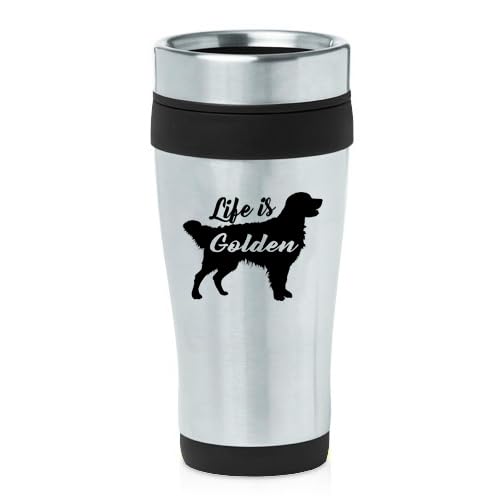 16oz Insulated Stainless Steel Travel Mug Coffee Mug Tumbler Golden Retriever 'Life is Golden' (Black)
