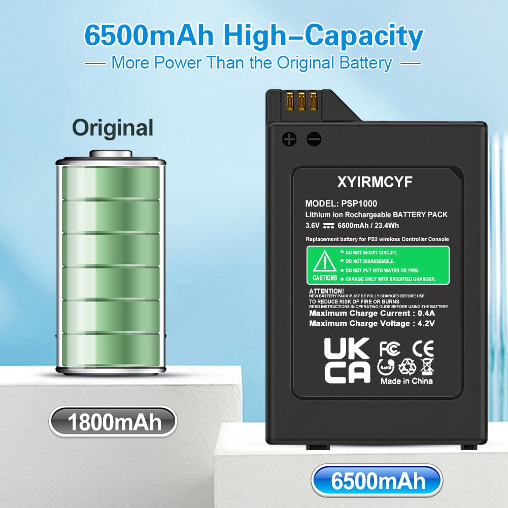 XYIRMCYF 2PCS PSP 1000 Battery (2024 New Upgrade), 6500mAh New 0 Cycle High Capacity Battery for Sony PSP 1000 PSP-110 PSP-280 Console