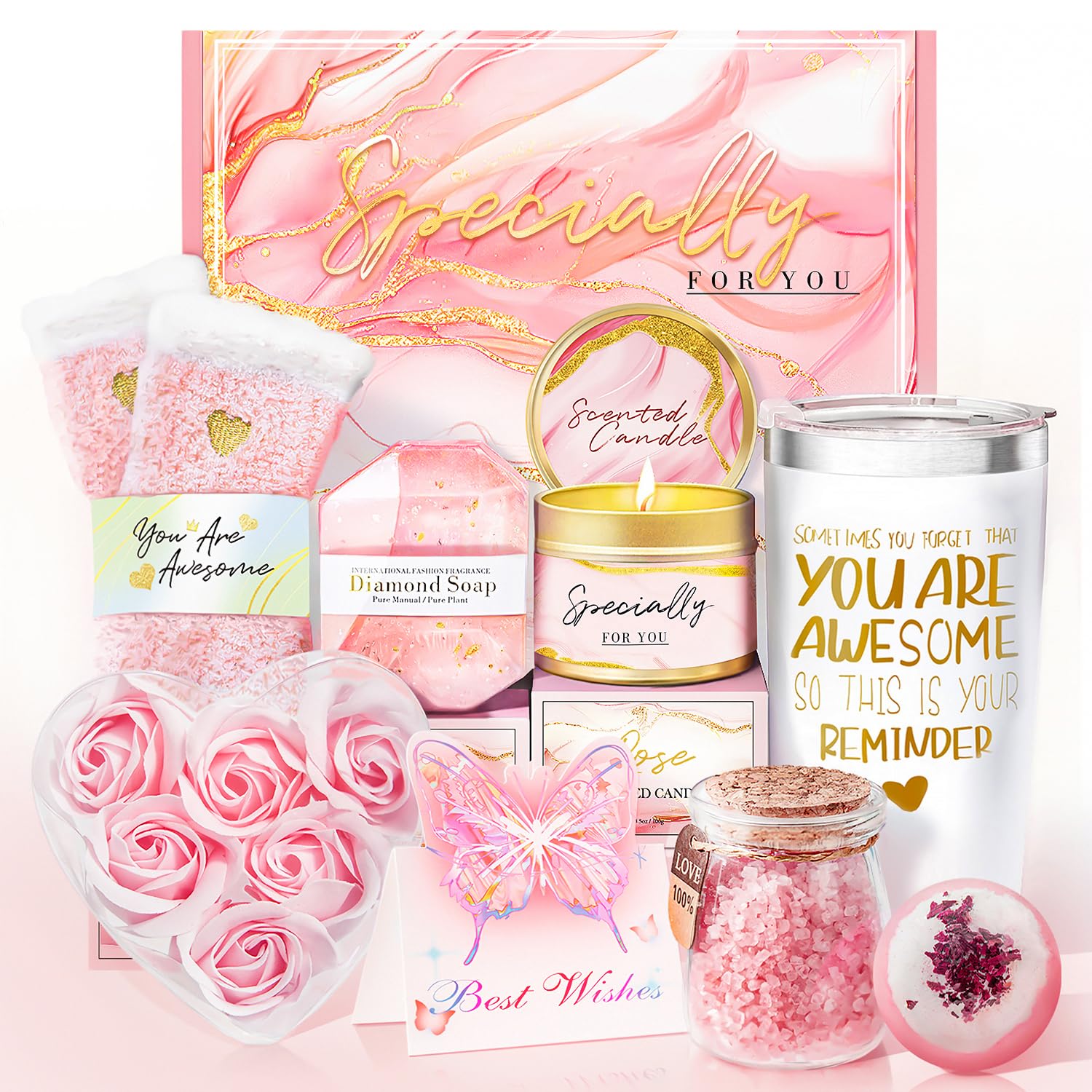 Gifts for Women, Birthday Gifts for Women, Happy Birthday Gifts Basket for Women, Rose Relaxing Spa Gifts Basket for Best Friends Female Sister Mom Wife Her Girlfriend Coworker Bestie
