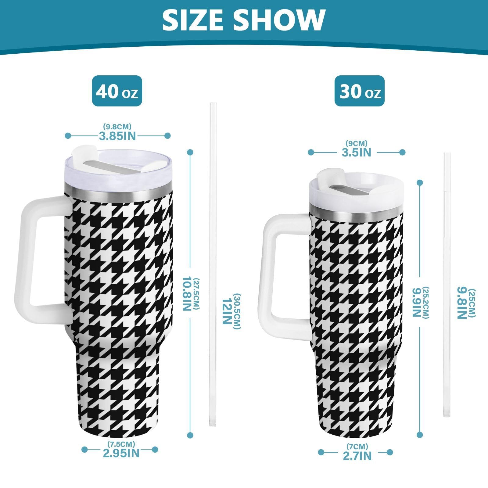 susiyo 40 oz Tumbler with Handle, Houndstooth Insulated Water Bottle Stainless Steel Reusable Iced Coffee Cup Fit in Car Holder, BPA Free, Leak Proof,Keeps Cold or Hot