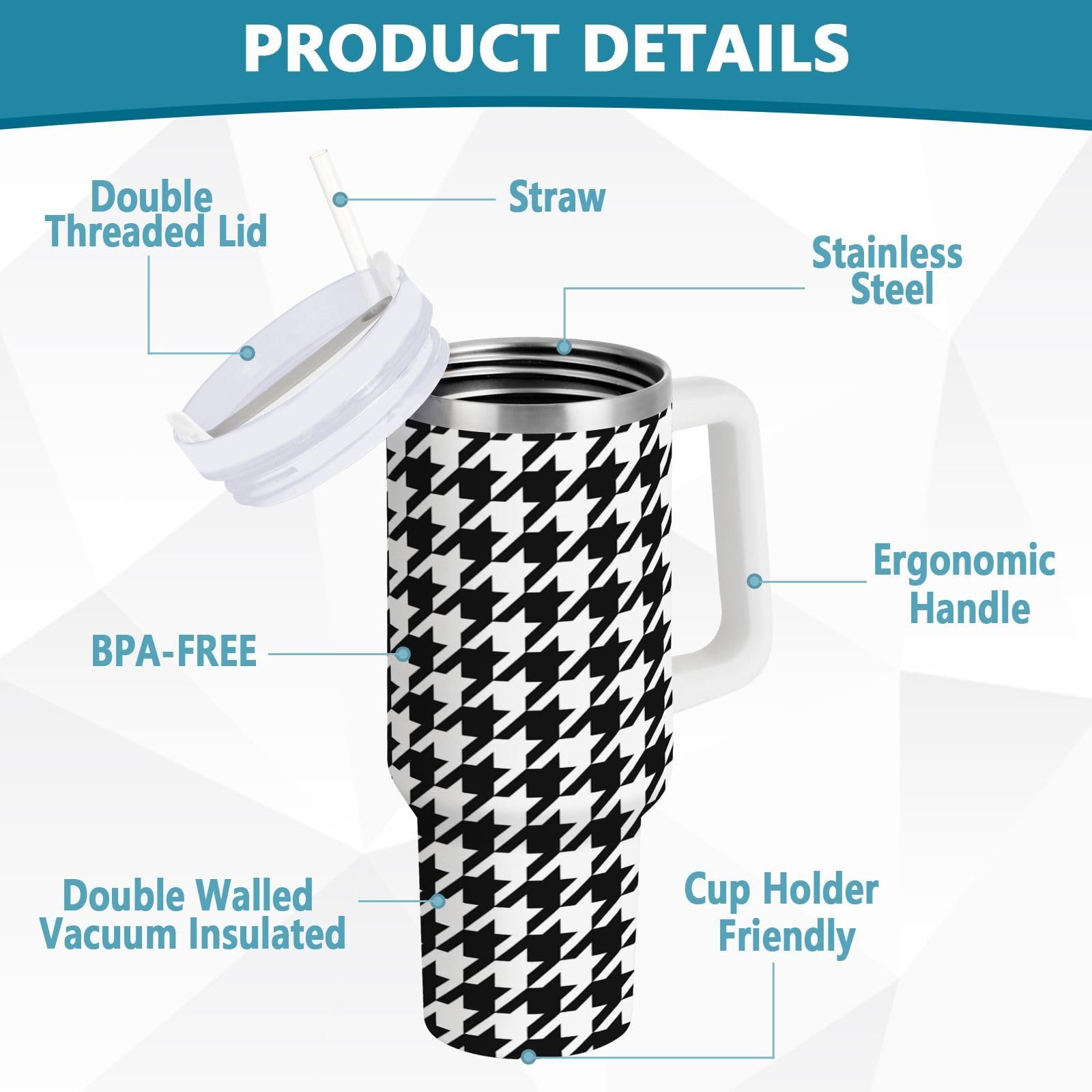 susiyo 40 oz Tumbler with Handle, Houndstooth Insulated Water Bottle Stainless Steel Reusable Iced Coffee Cup Fit in Car Holder, BPA Free, Leak Proof,Keeps Cold or Hot