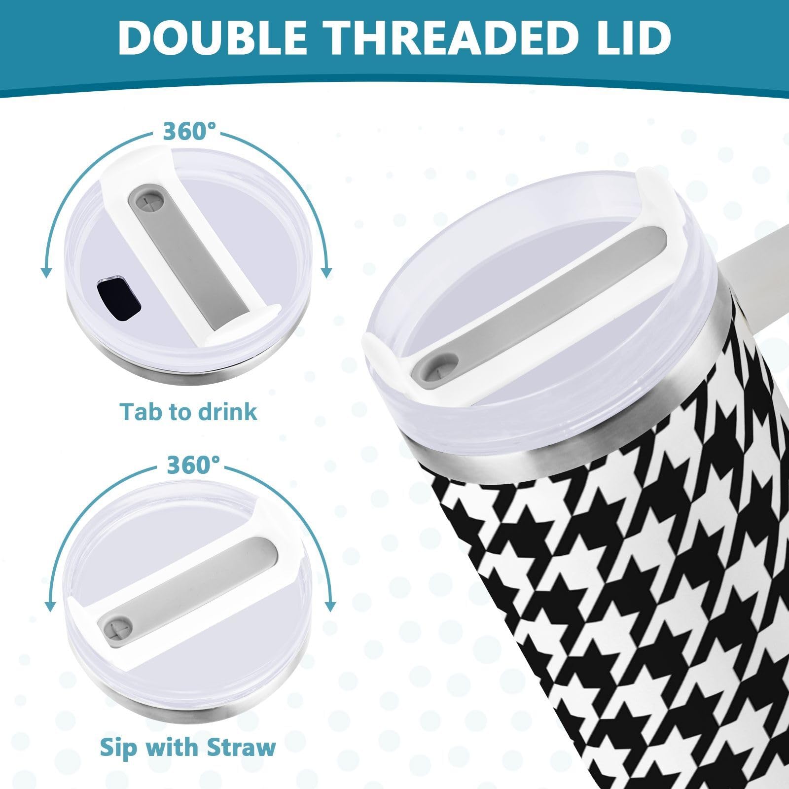 susiyo 40 oz Tumbler with Handle, Houndstooth Insulated Water Bottle Stainless Steel Reusable Iced Coffee Cup Fit in Car Holder, BPA Free, Leak Proof,Keeps Cold or Hot