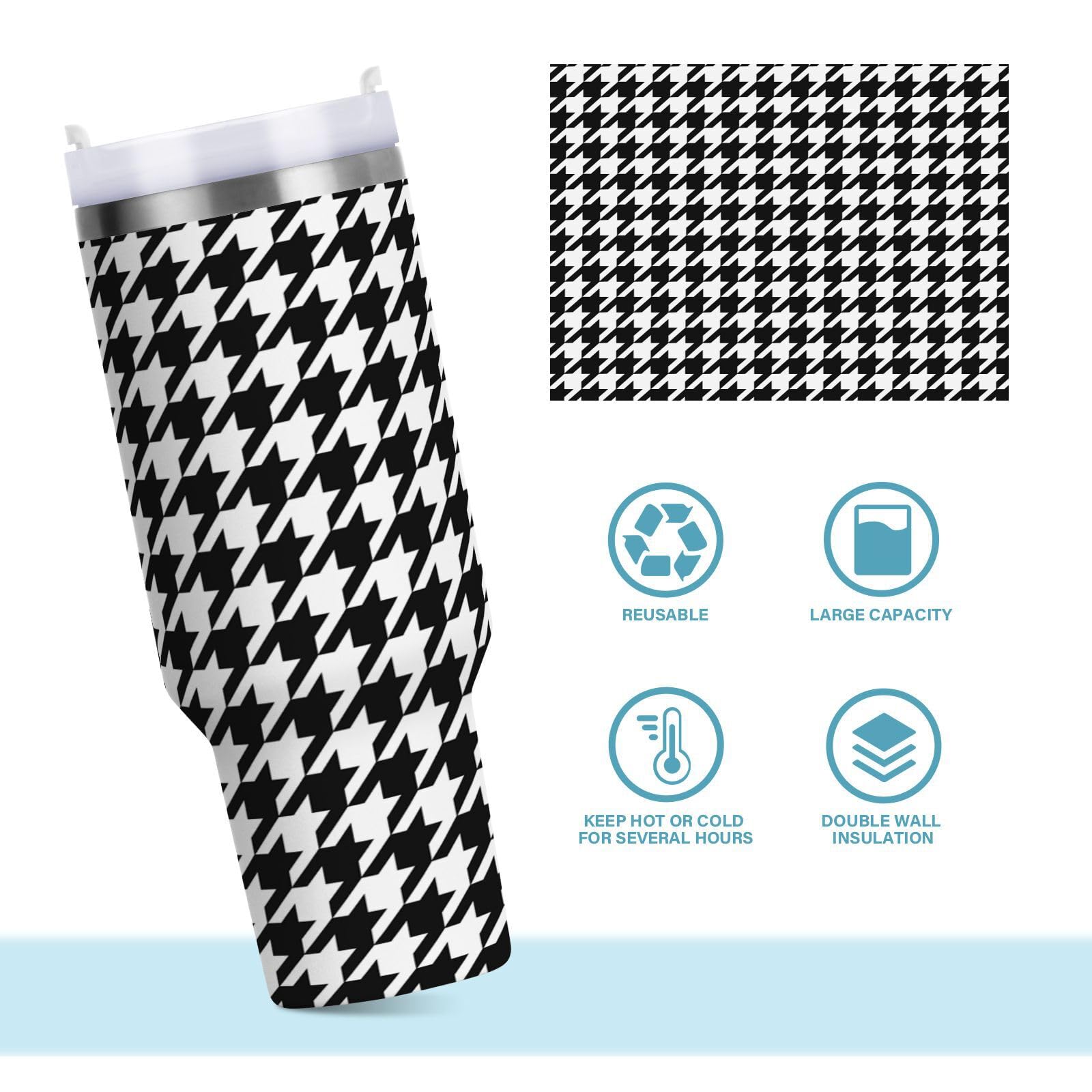 susiyo 40 oz Tumbler with Handle, Houndstooth Insulated Water Bottle Stainless Steel Reusable Iced Coffee Cup Fit in Car Holder, BPA Free, Leak Proof,Keeps Cold or Hot