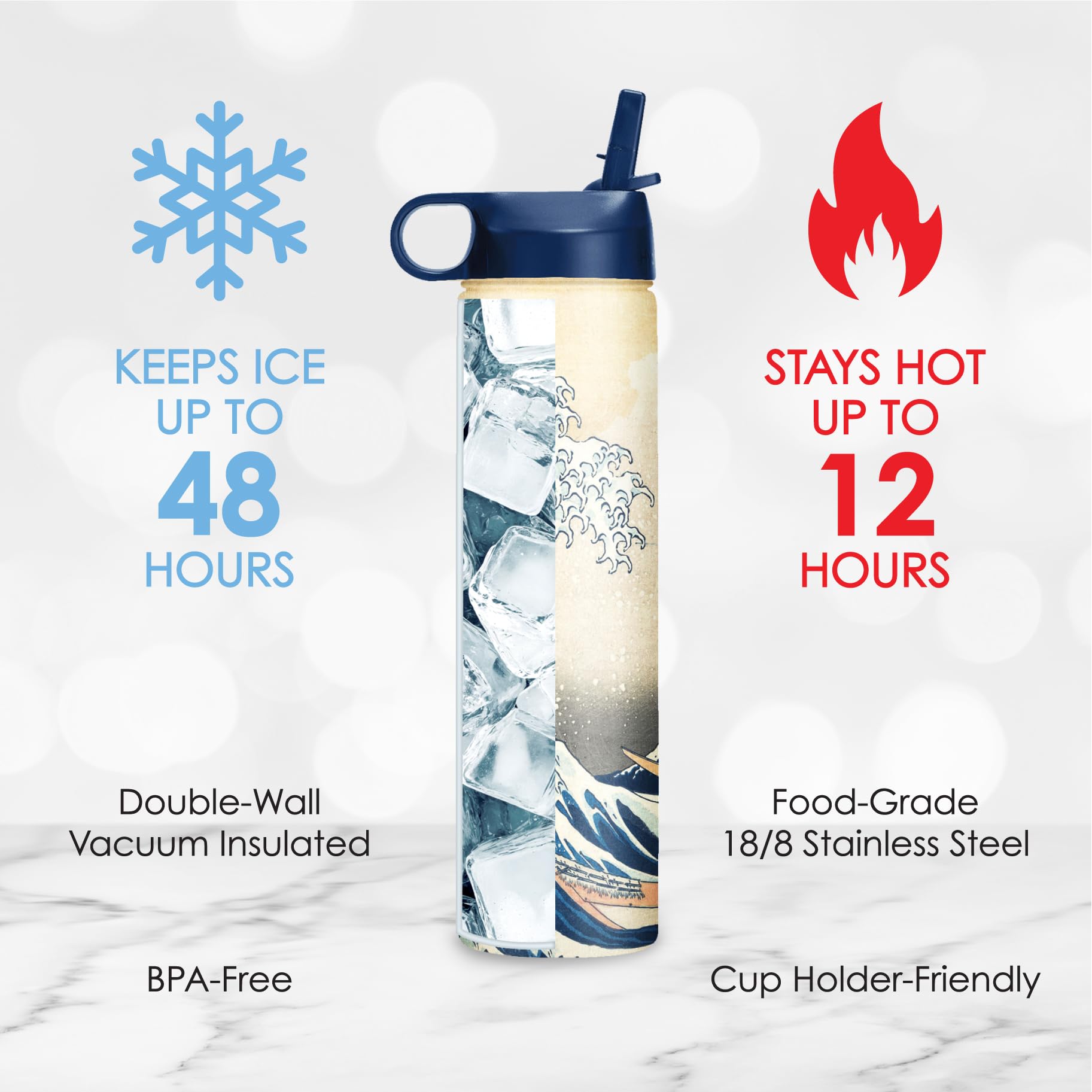 RainCaper 18/8 Stainless Steel Insulated Water Tumbler with Straw | 24oz, BPA-Free, Double Wall for Hot & Cold | Travel-Friendly, Cup Holder Ready (Hokusai The Great Wave)