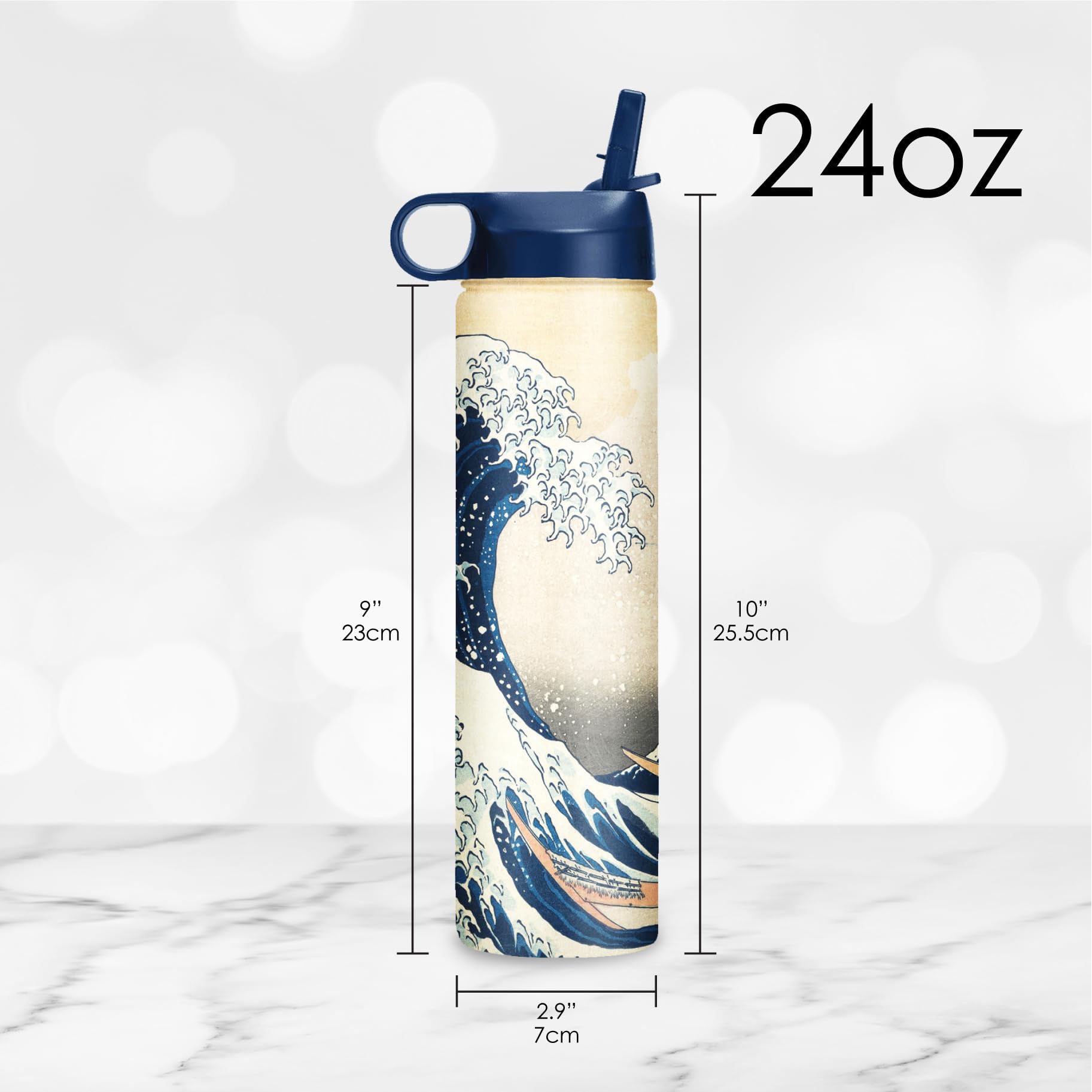 RainCaper 18/8 Stainless Steel Insulated Water Tumbler with Straw | 24oz, BPA-Free, Double Wall for Hot & Cold | Travel-Friendly, Cup Holder Ready (Hokusai The Great Wave)