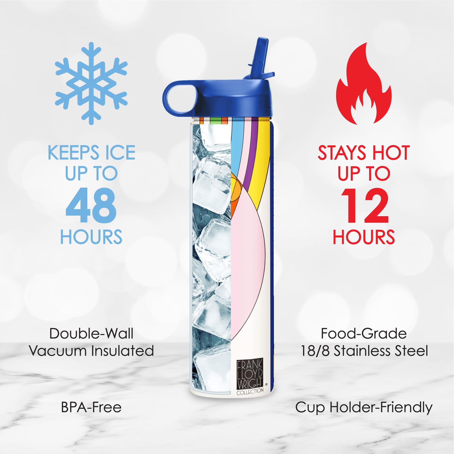 RainCaper 18/8 Stainless Steel Insulated Water Tumbler with Straw | 24oz, BPA-Free, Double Wall for Hot & Cold | Travel-Friendly, Cup Holder Ready (Frank Lloyd Wright March Balloons)