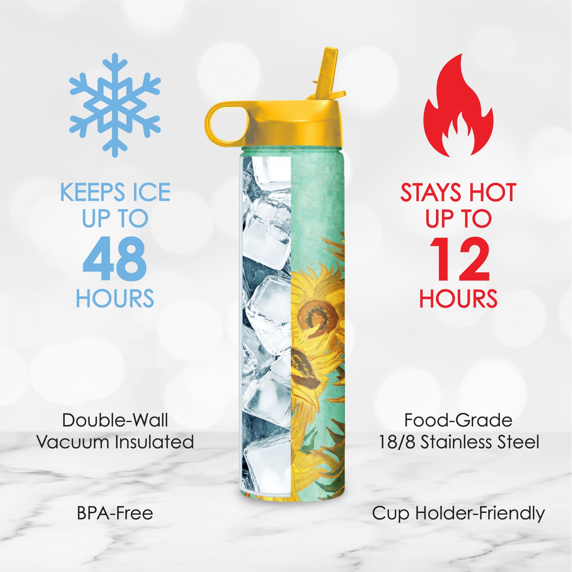 RainCaper 18/8 Stainless Steel Insulated Water Tumbler with Straw | 24oz, BPA-Free, Double Wall for Hot & Cold | Travel-Friendly, Cup Holder Ready (van Gogh Sunflowers)