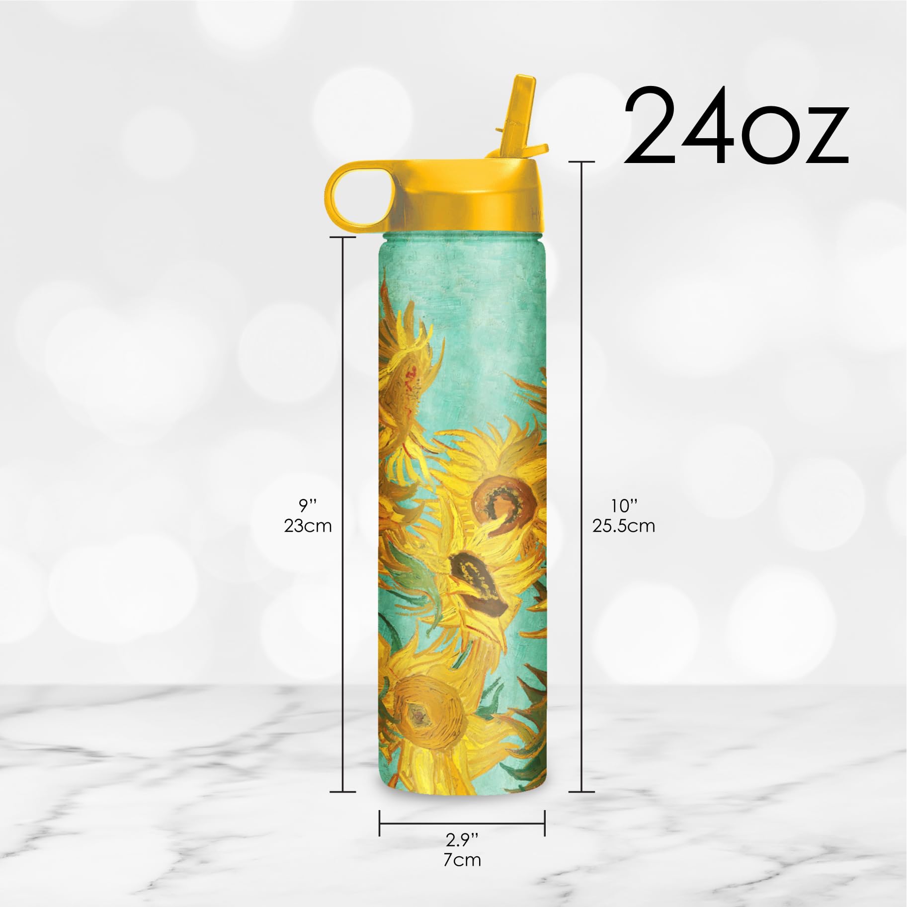 RainCaper 18/8 Stainless Steel Insulated Water Tumbler with Straw | 24oz, BPA-Free, Double Wall for Hot & Cold | Travel-Friendly, Cup Holder Ready (van Gogh Sunflowers)
