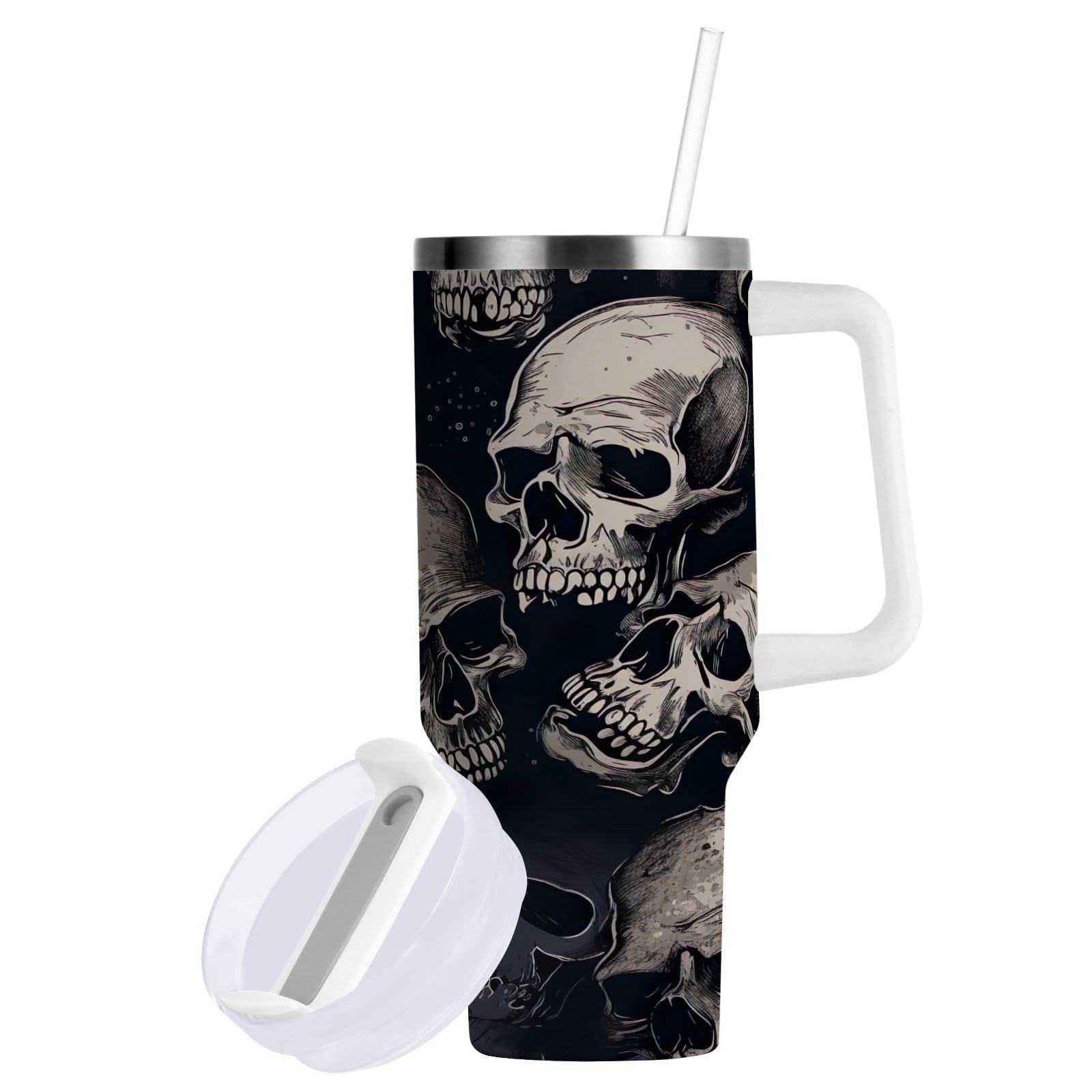 Nesatuwa 40 oz Gray Skull Tumbler with Handle and Straw Lid,Reusable Stainless Steel Vacuum Insulated Tumbler Leakproof Travel Coffee Mug for Iced and Hot Beverages