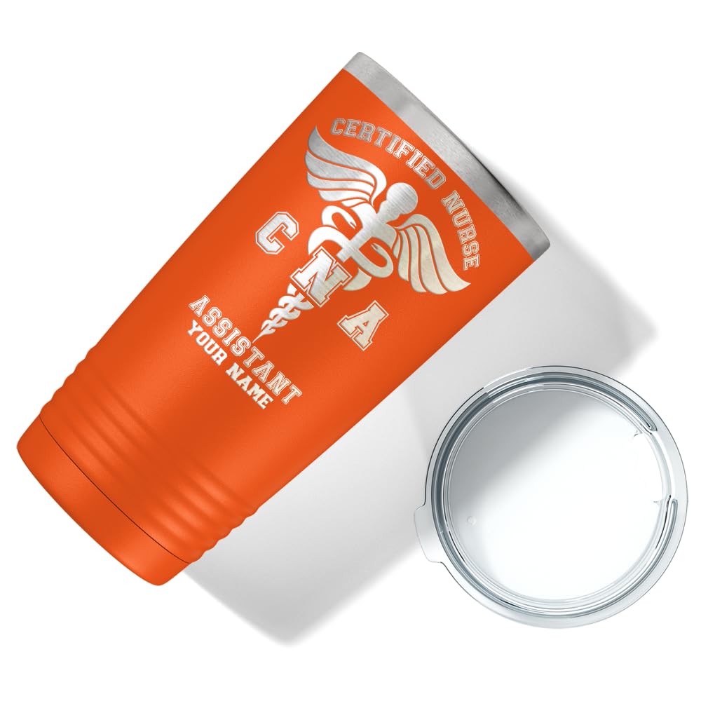 Personalized CNA Certified Nurse Assistant Gift on Orange 20 oz Stainless Steel Tumbler with Lid - Insulated Cup - Travel Mug