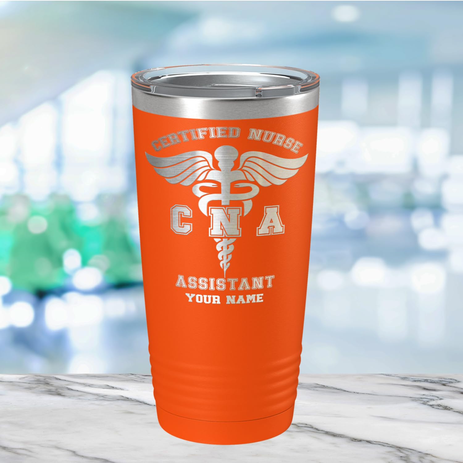 Personalized CNA Certified Nurse Assistant Gift on Orange 20 oz Stainless Steel Tumbler with Lid - Insulated Cup - Travel Mug