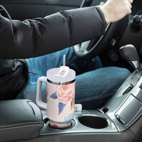 Floral Rose Pink 30 oz Tumbler with Handle and Straw Lid, 100% Leak-proof Travel Coffee Mug, Stainless Steel Insulated Cup For Beverages, Cupholder Friendly