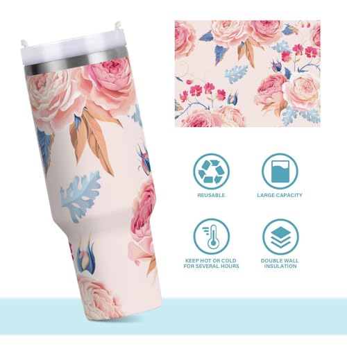 Floral Rose Pink 30 oz Tumbler with Handle and Straw Lid, 100% Leak-proof Travel Coffee Mug, Stainless Steel Insulated Cup For Beverages, Cupholder Friendly