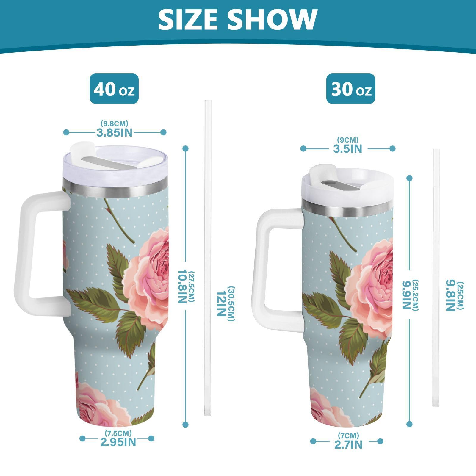 Adornlife Flower Rose 40 oz Tumbler with Handle and Straw Lid, 100% Leak-proof Travel Coffee Mug, Stainless Steel Insulated Cup For Beverages, Cupholder Friendly