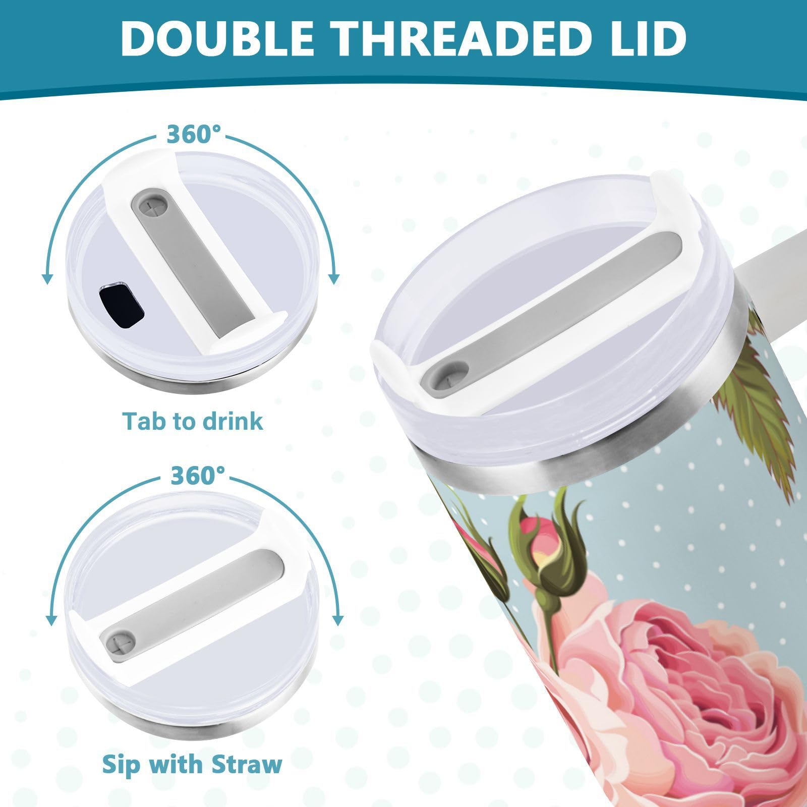 Adornlife Flower Rose 40 oz Tumbler with Handle and Straw Lid, 100% Leak-proof Travel Coffee Mug, Stainless Steel Insulated Cup For Beverages, Cupholder Friendly