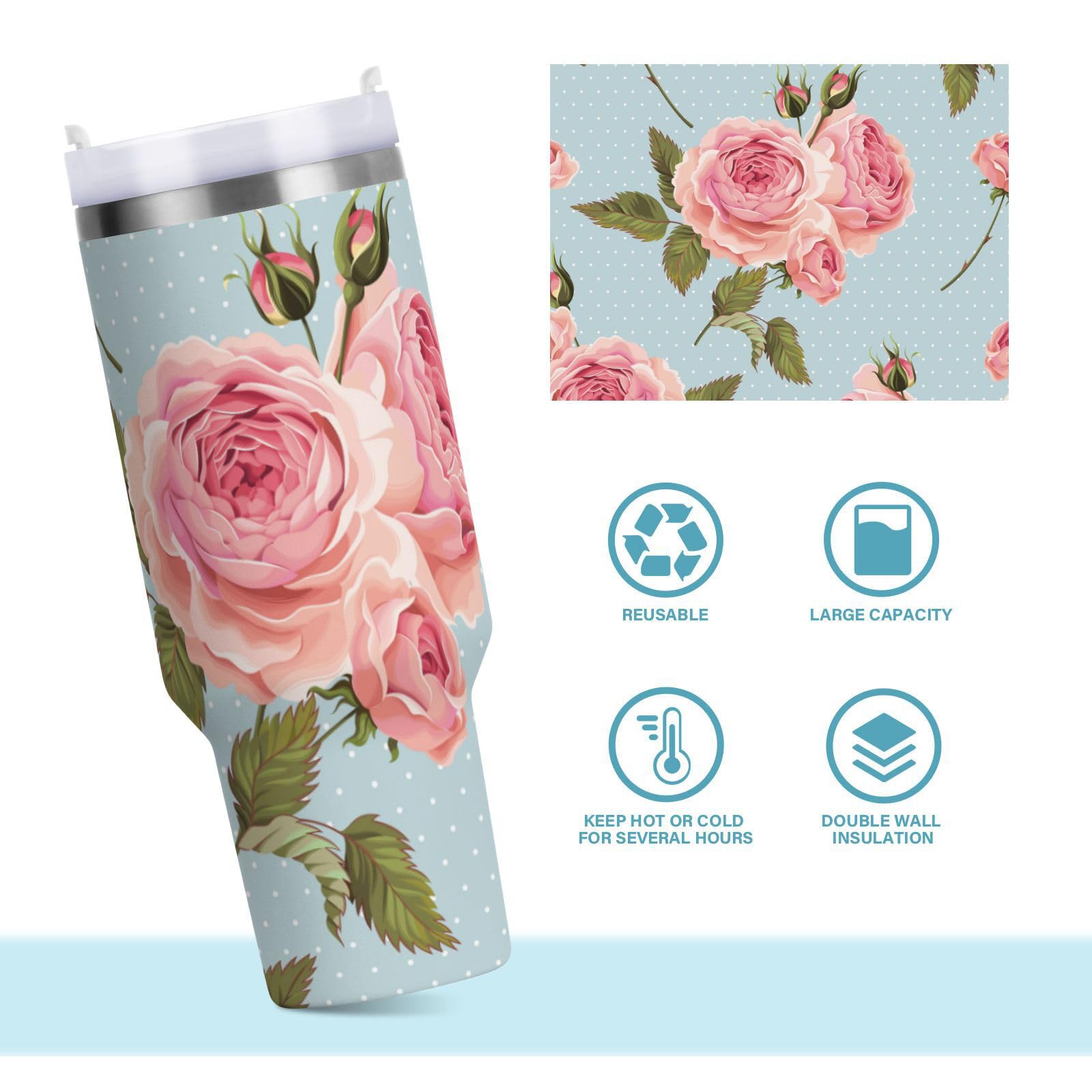 Adornlife Flower Rose 40 oz Tumbler with Handle and Straw Lid, 100% Leak-proof Travel Coffee Mug, Stainless Steel Insulated Cup For Beverages, Cupholder Friendly