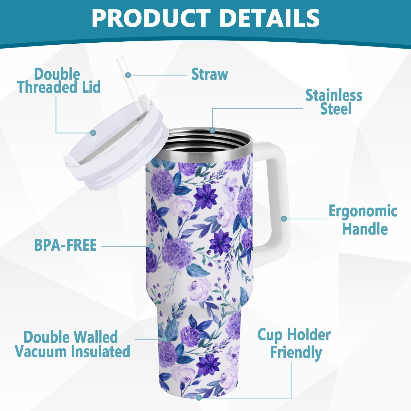 Adornlife Violet Flowers 30 oz Tumbler with Handle and Straw Lid, 100% Leak-proof Travel Coffee Mug, Stainless Steel Insulated Cup For Beverages, Cupholder Friendly