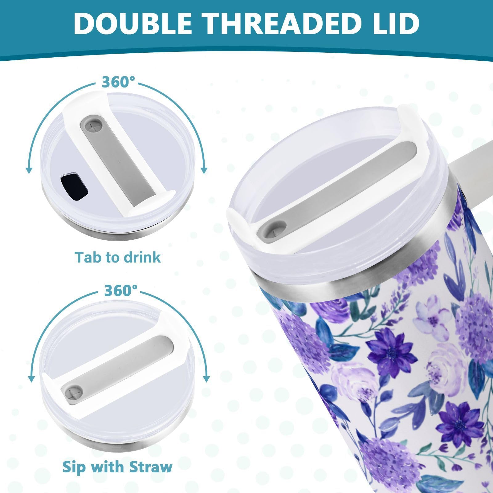 Adornlife Violet Flowers 30 oz Tumbler with Handle and Straw Lid, 100% Leak-proof Travel Coffee Mug, Stainless Steel Insulated Cup For Beverages, Cupholder Friendly