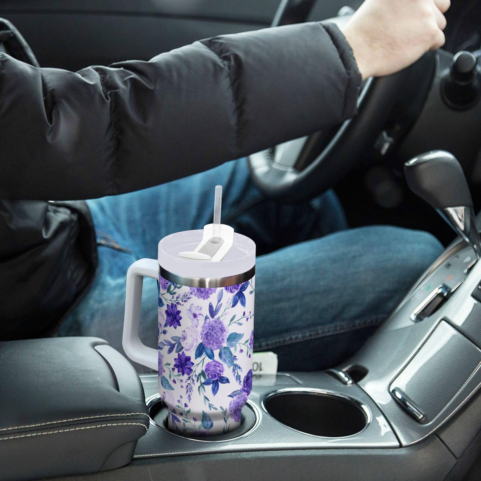 Adornlife Violet Flowers 30 oz Tumbler with Handle and Straw Lid, 100% Leak-proof Travel Coffee Mug, Stainless Steel Insulated Cup For Beverages, Cupholder Friendly