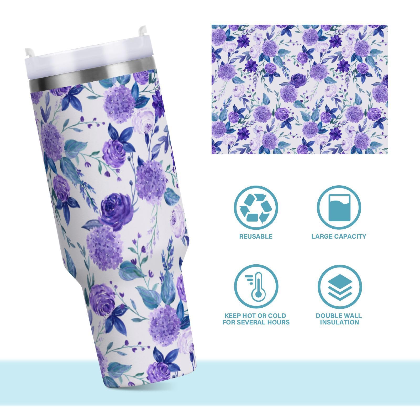 Adornlife Violet Flowers 30 oz Tumbler with Handle and Straw Lid, 100% Leak-proof Travel Coffee Mug, Stainless Steel Insulated Cup For Beverages, Cupholder Friendly