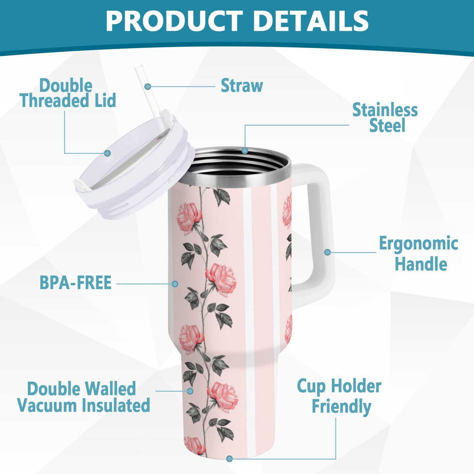 Adornlife Pink Striped Rose 30 oz Tumbler with Handle and Straw Lid, 100% Leak-proof Travel Coffee Mug, Stainless Steel Insulated Cup For Beverages, Cupholder Friendly