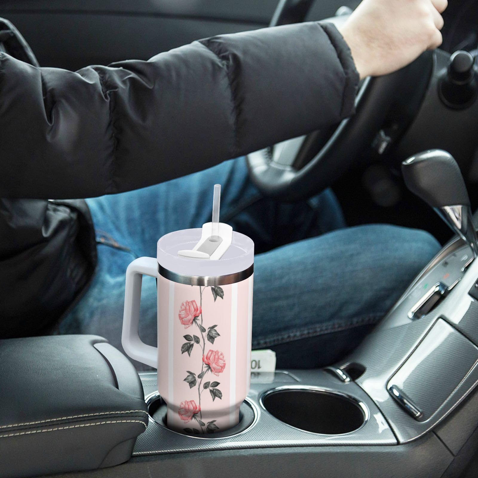Adornlife Pink Striped Rose 30 oz Tumbler with Handle and Straw Lid, 100% Leak-proof Travel Coffee Mug, Stainless Steel Insulated Cup For Beverages, Cupholder Friendly