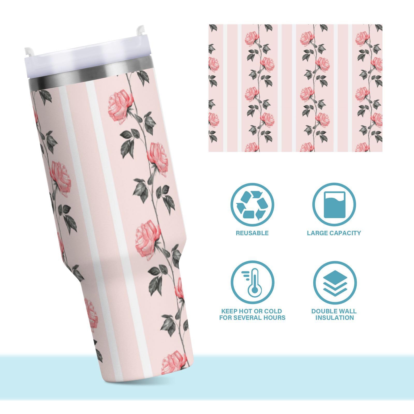 Adornlife Pink Striped Rose 30 oz Tumbler with Handle and Straw Lid, 100% Leak-proof Travel Coffee Mug, Stainless Steel Insulated Cup For Beverages, Cupholder Friendly