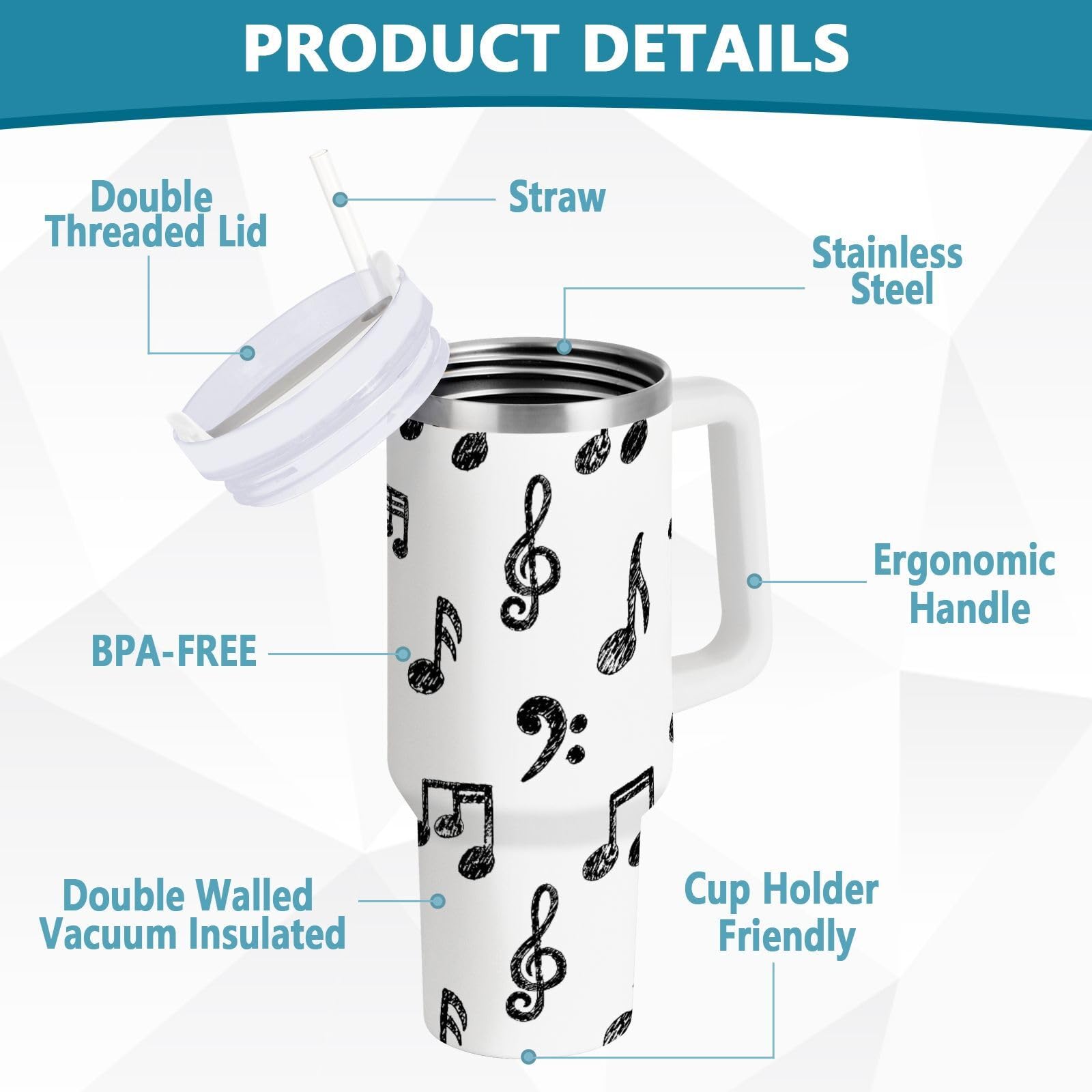 Blueangle 30 oz Music Notes Icon Tumbler with Handle and Straw Lid, Insulated Cup Reusable Stainless Steel Water Bottle Travel Mug(591)