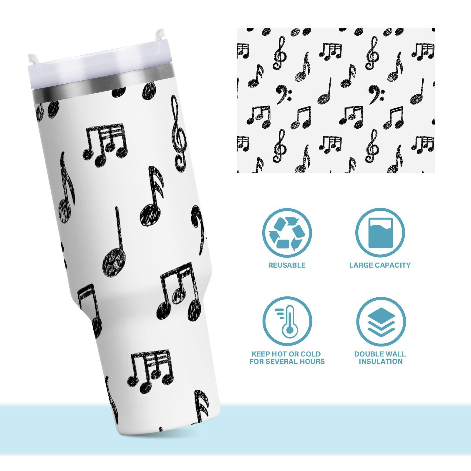 Blueangle 30 oz Music Notes Icon Tumbler with Handle and Straw Lid, Insulated Cup Reusable Stainless Steel Water Bottle Travel Mug(591)