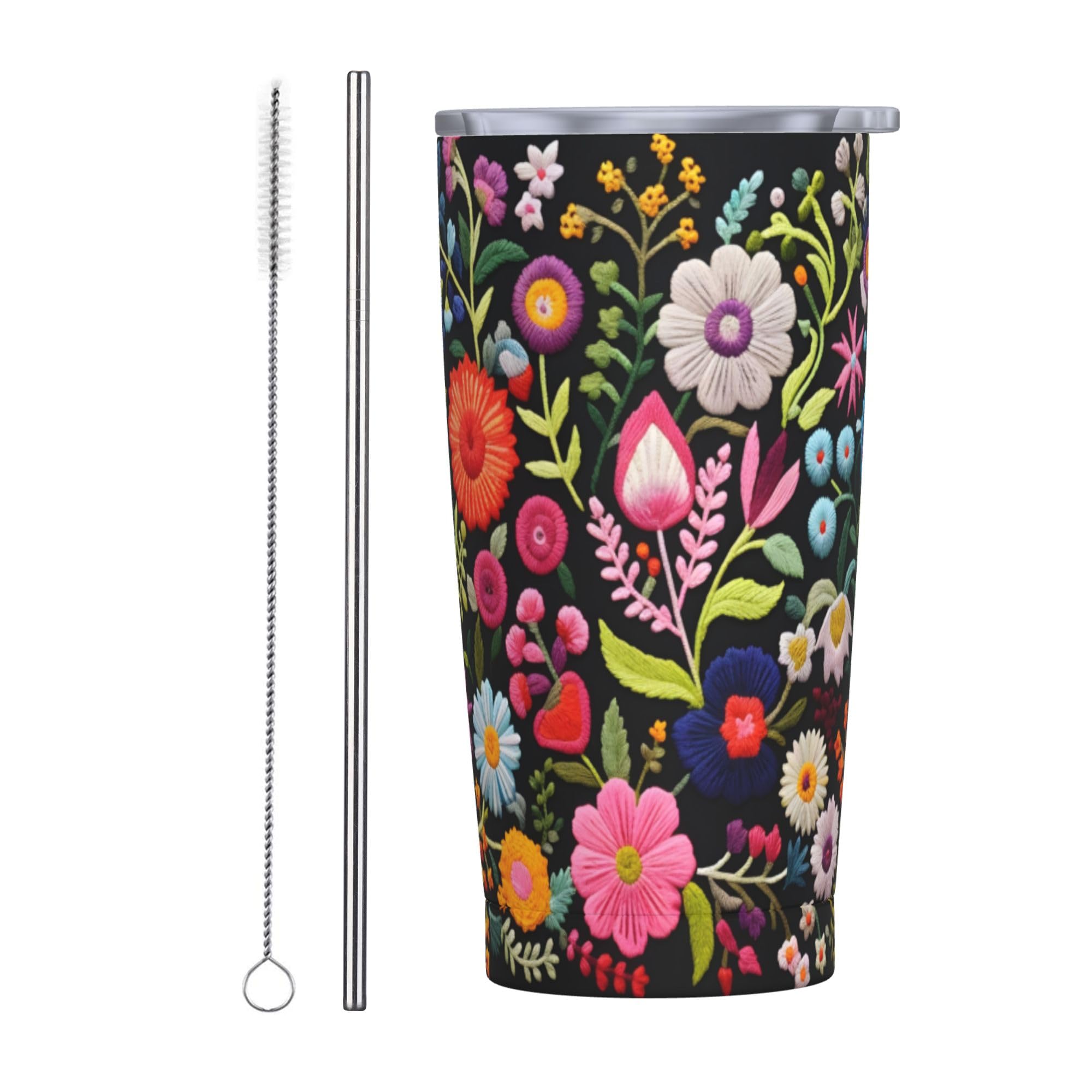 AYCZN Embroidered Flower Insulated Tumbler with Lid and Straw, Spring Floral Stainless Steel Coffee Mug 20oz Water Bottle Leakproof Travel Thermal Cup