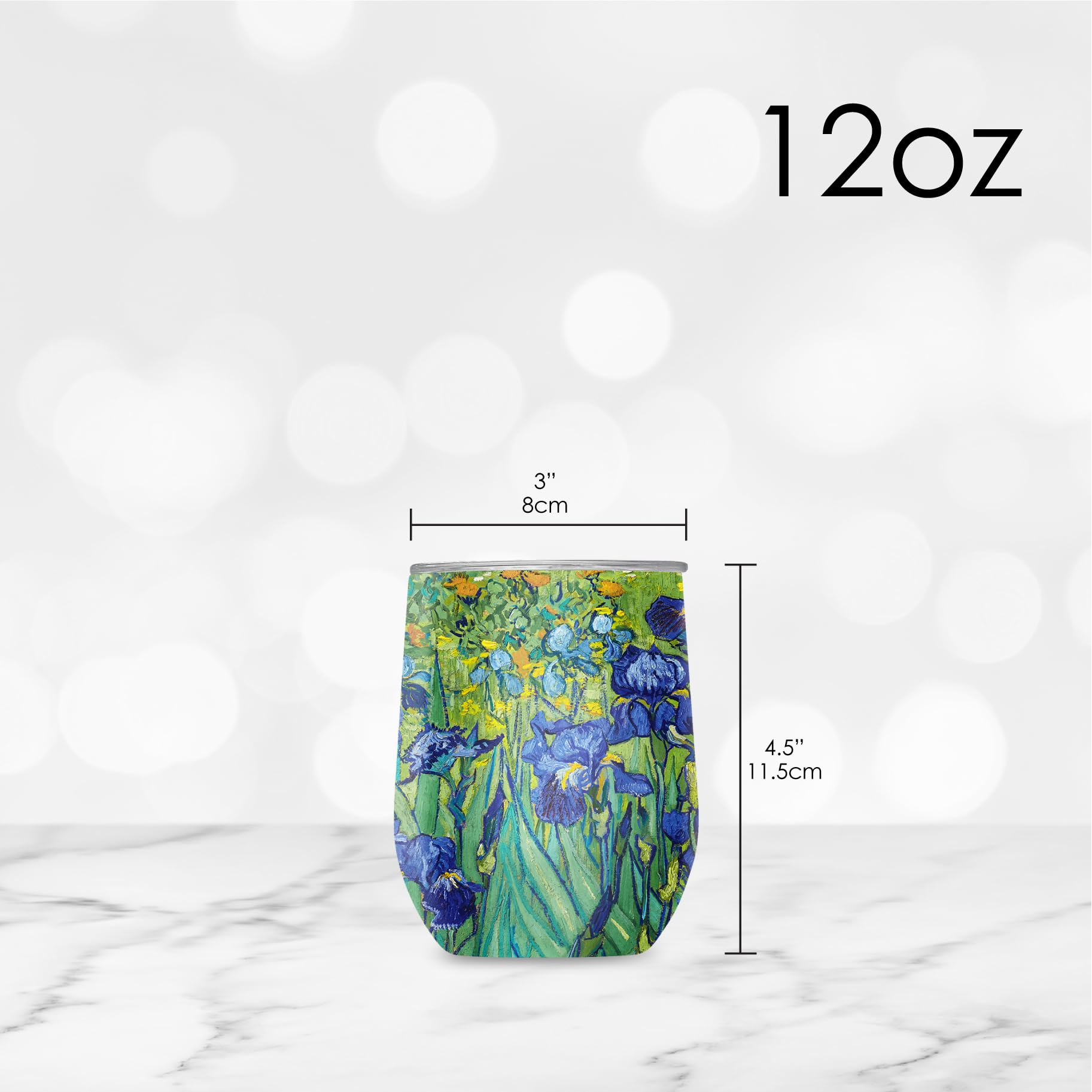 RainCaper 18/8 Stainless Steel Insulated Stemless Wine Tumbler | 12oz, BPA-Free, Double Wall for Hot & Cold | Travel-Friendly, Cup Holder Ready (van Gogh Irises)