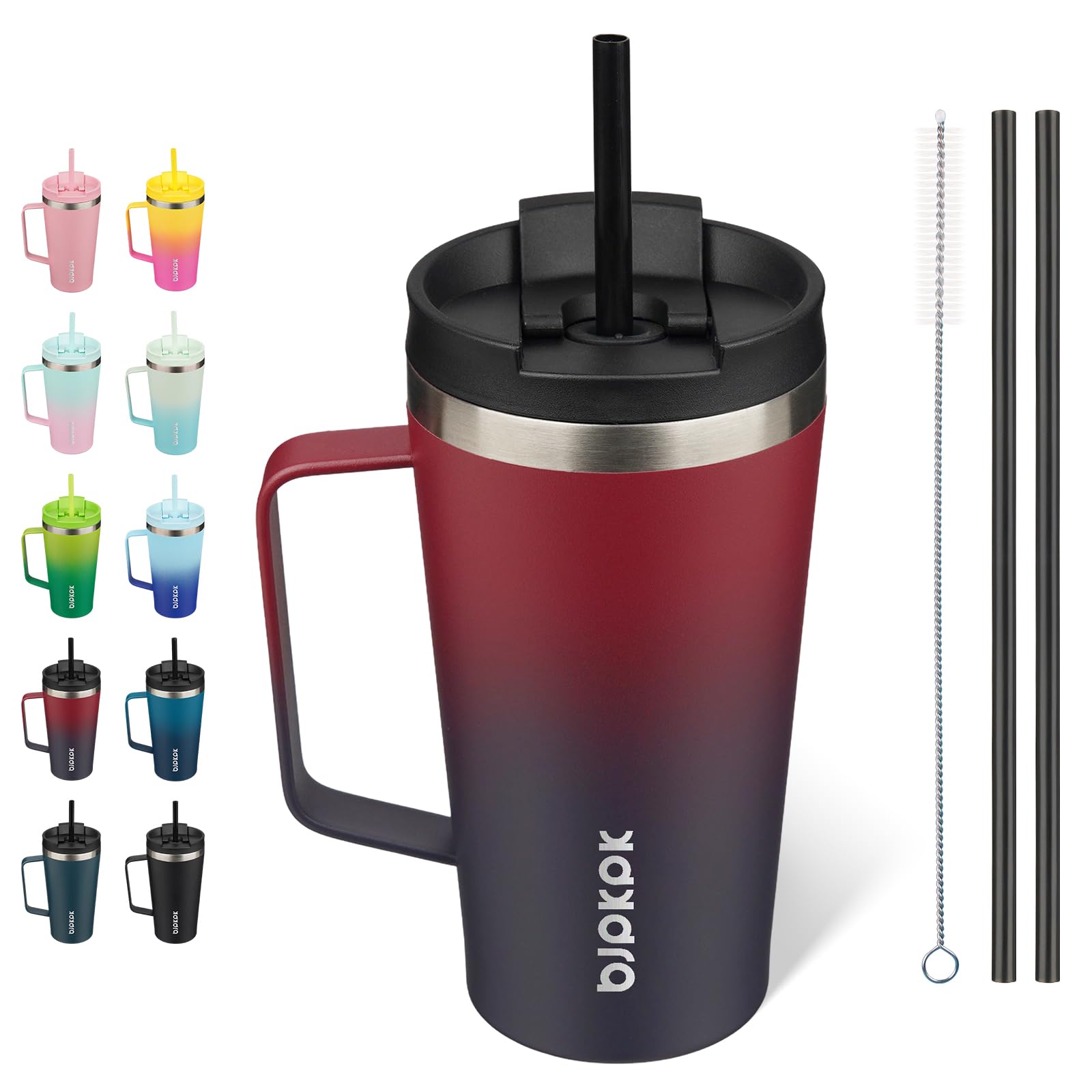 BJPKPK Insulated Tumbler with Handle, 18oz Insulated Tumblers with Lid and Straw, Stainless Steel Metal Water Bottles, Coffee Travel Mugs, Cups, Charming Black Red
