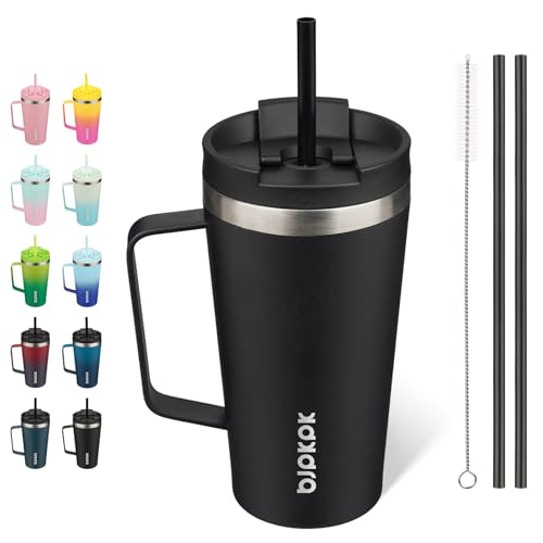 BJPKPK Insulated Tumbler with Handle, 18oz Insulated Tumblers with Lid and Straw, Stainless Steel Metal Water Bottles, Coffee Travel Mugs, Cups, Black
