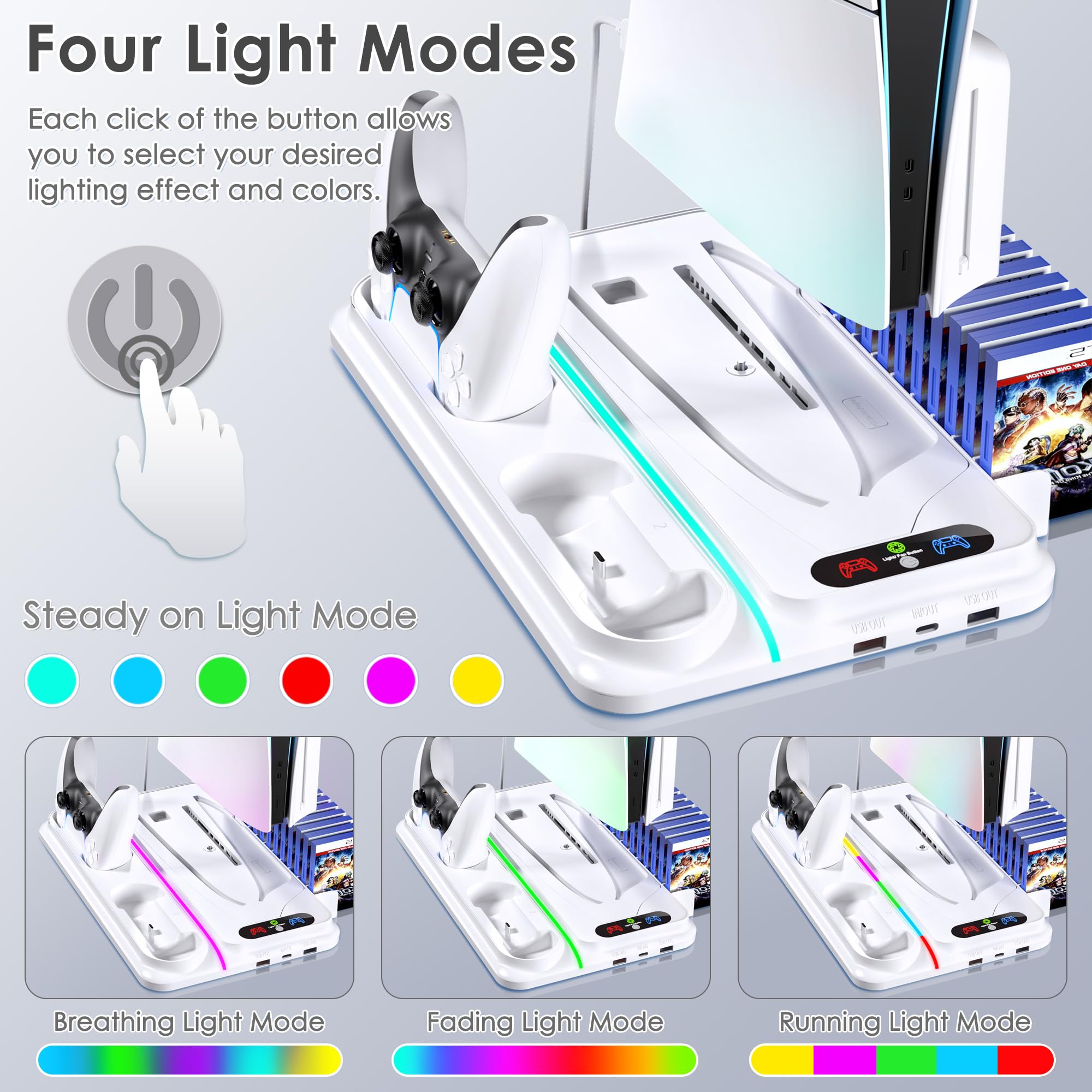 PS5 Cooling Station for PS5/Slim/Pro Disc Digital Console,PS5 Fan Cooling Fan with Dual PS 5 Controller Charger,3 Level Fan, RGB Light,12 Slot, PS5/Slim/Pro Stand for PlayStation 5 Console Accessories